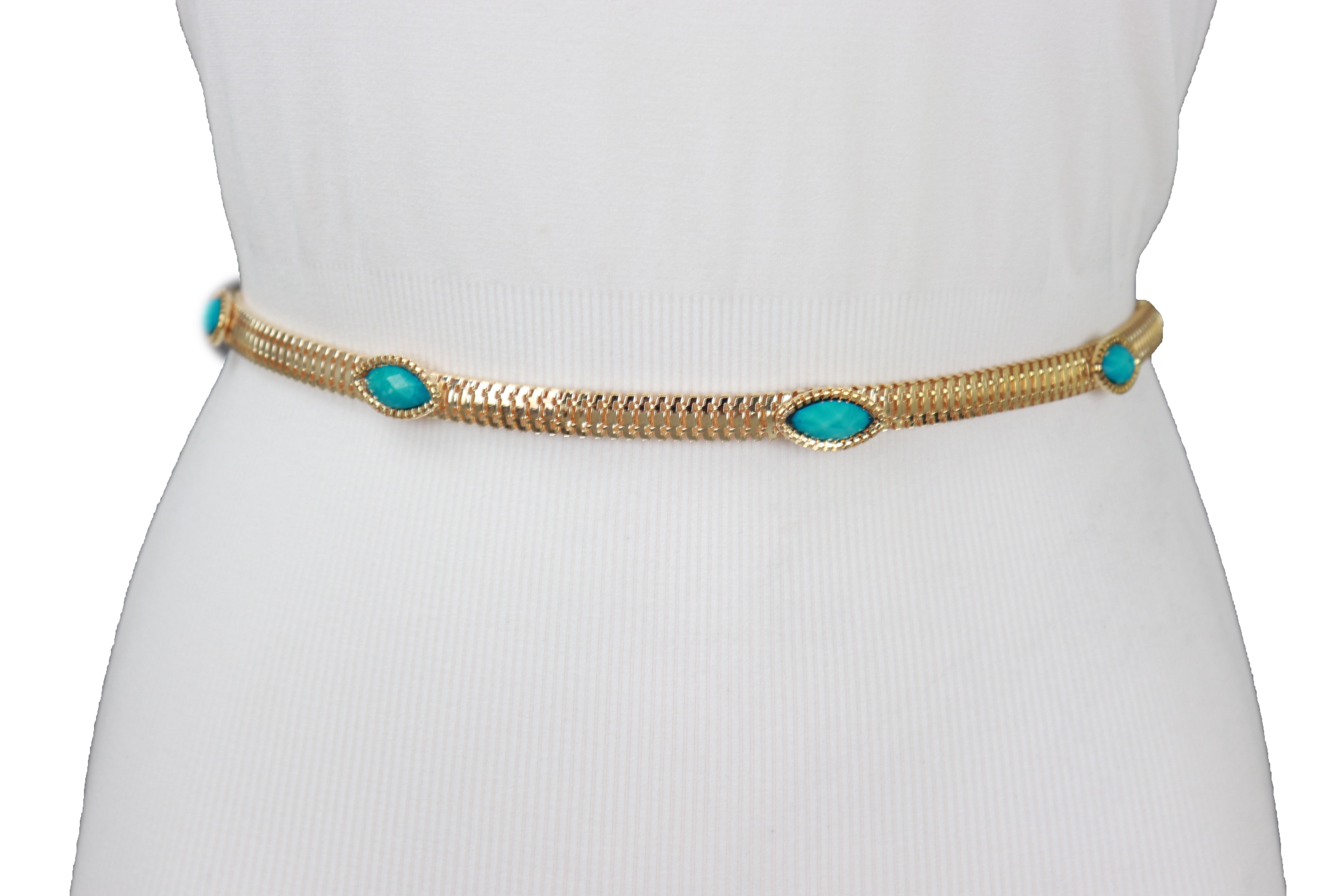 Brand New Women Gold Metal Chain Belt Turquoise Blue Beads S M L ...