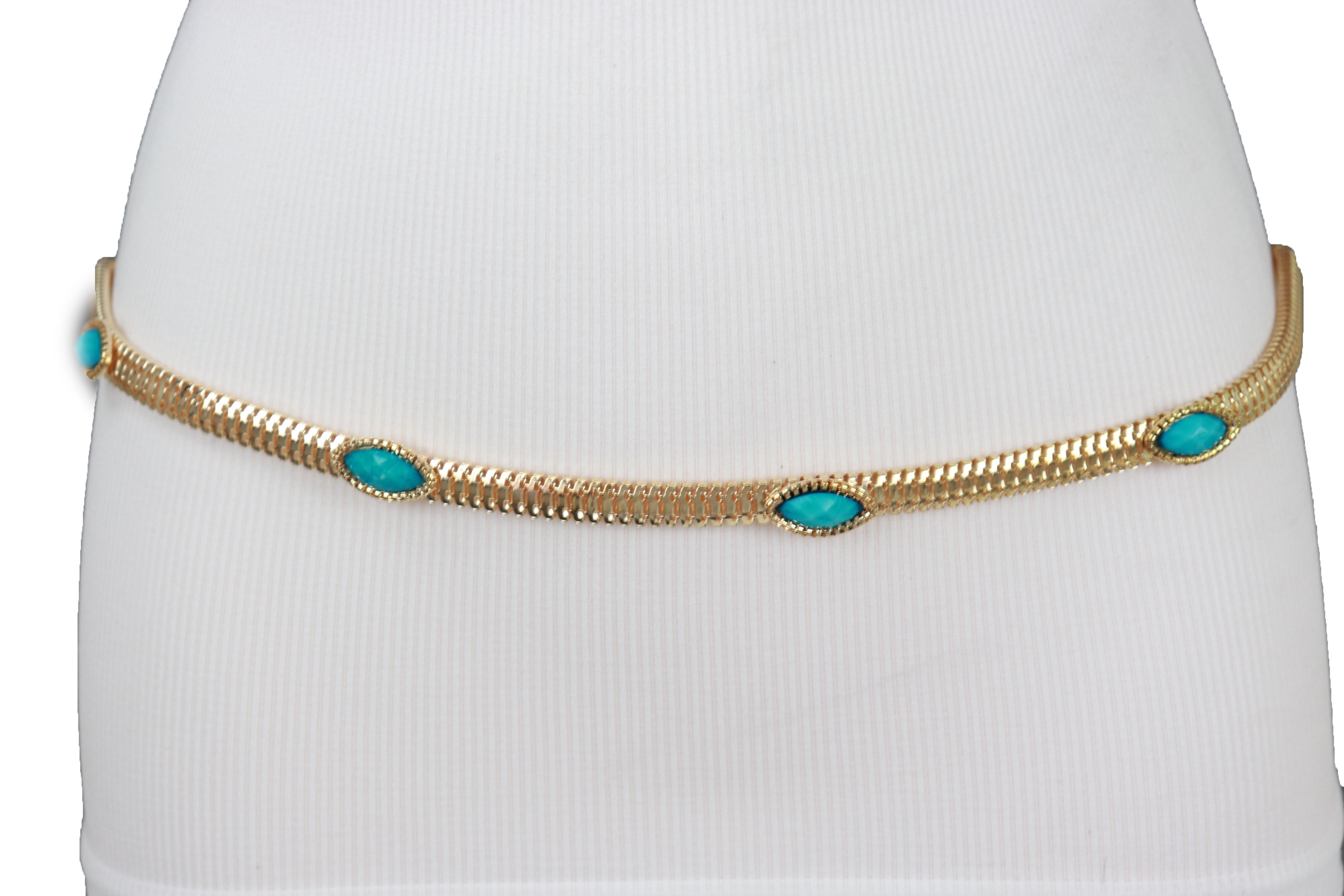 Brand New Women Gold Metal Chain Belt Turquoise Blue Beads S M L ...