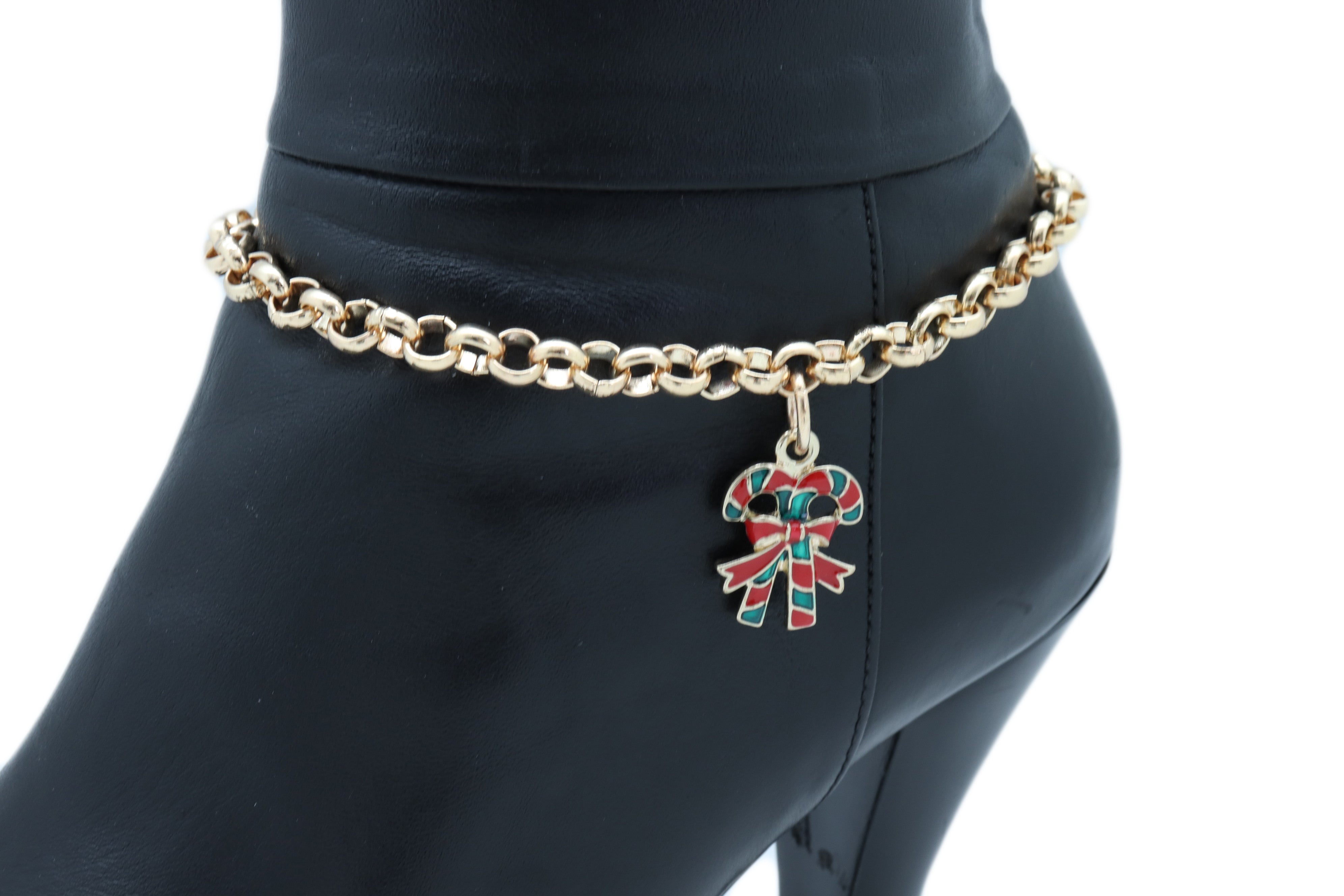 Gold Metal Boot Chain Bracelet Christmas Shoe Candy Cane Charm Jewelry ...