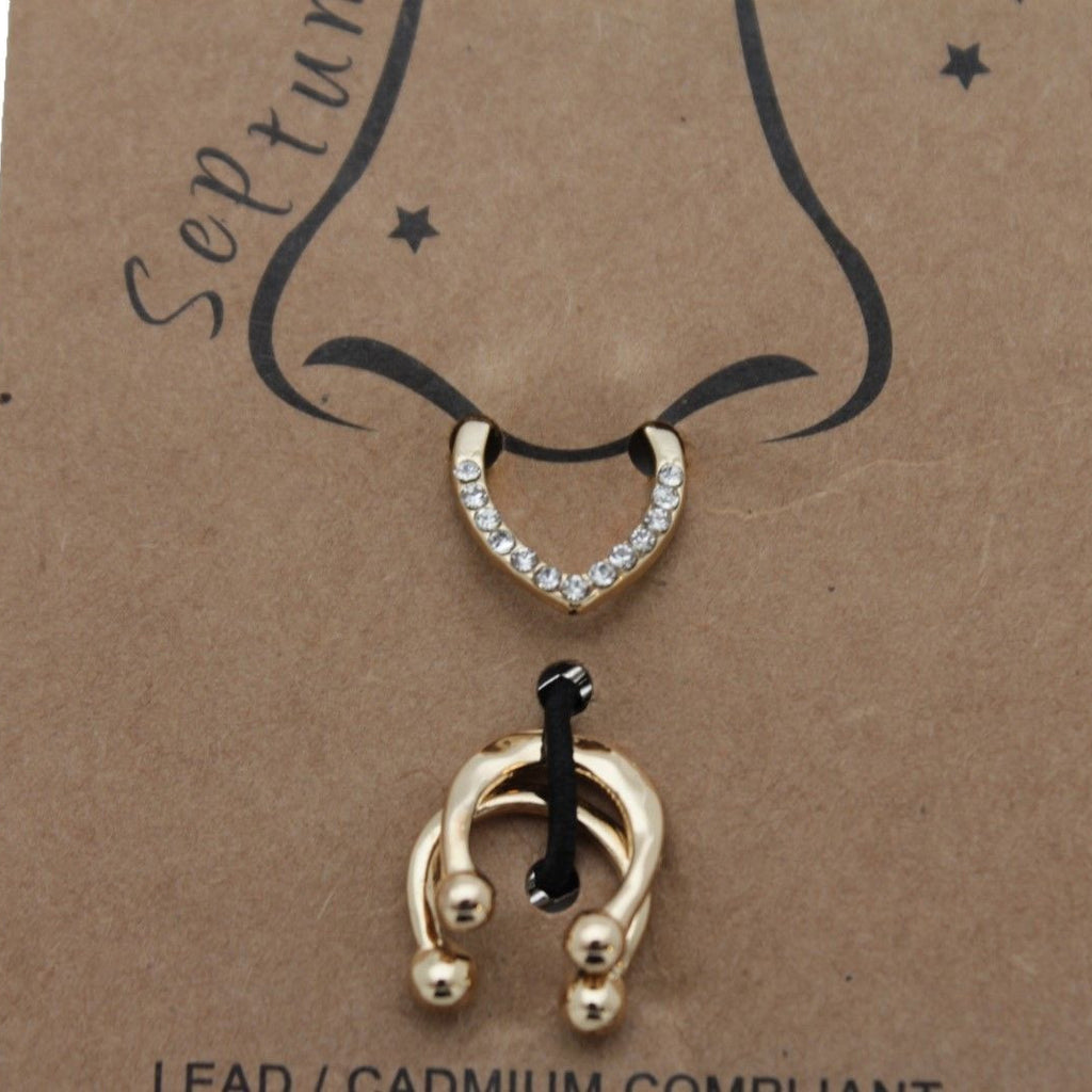 Gold Metal 3 Nose Ring Septum None Piercing Silver Rhinestones ...