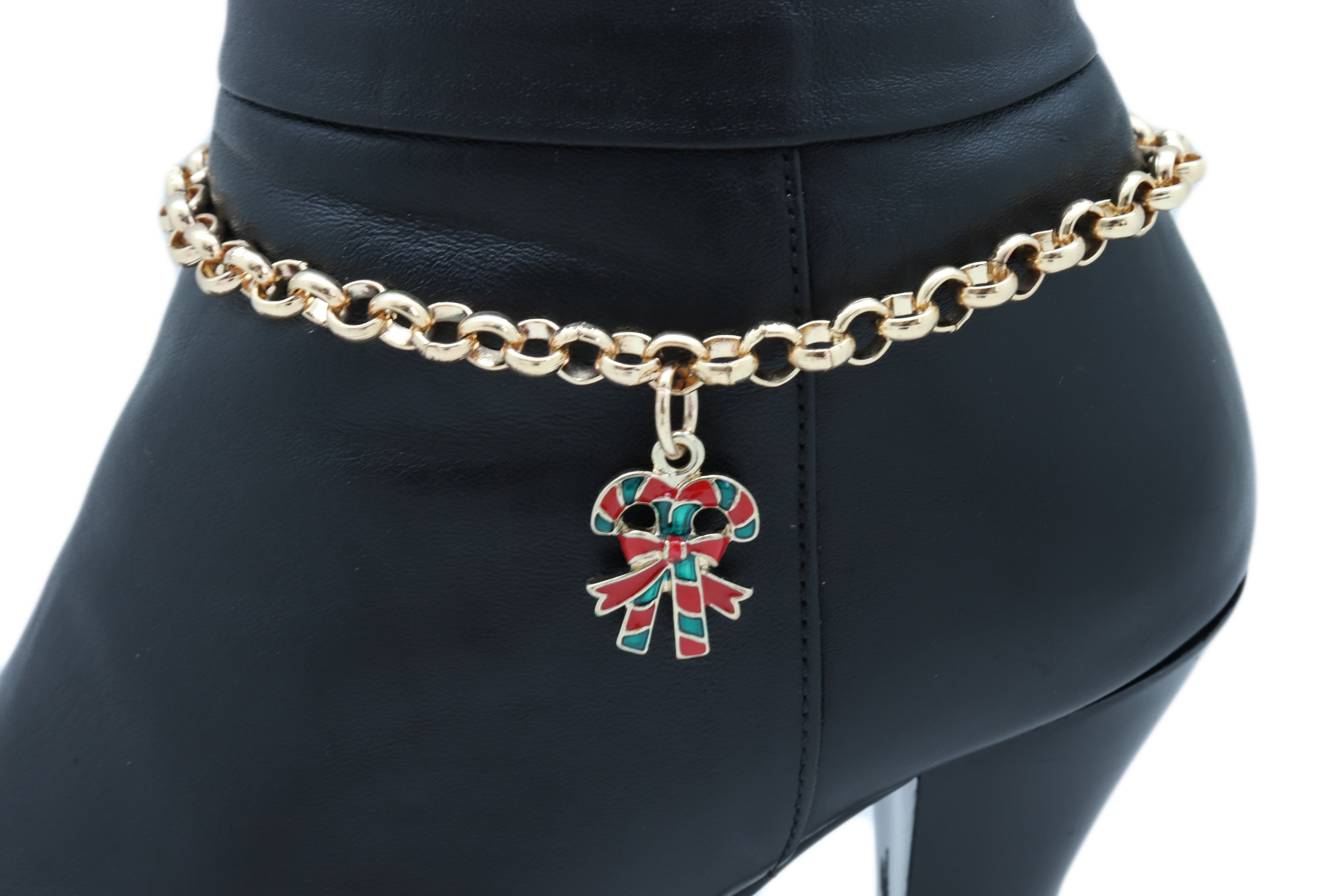 Gold Metal Boot Chain Bracelet Christmas Shoe Candy Cane Charm Jewelry ...
