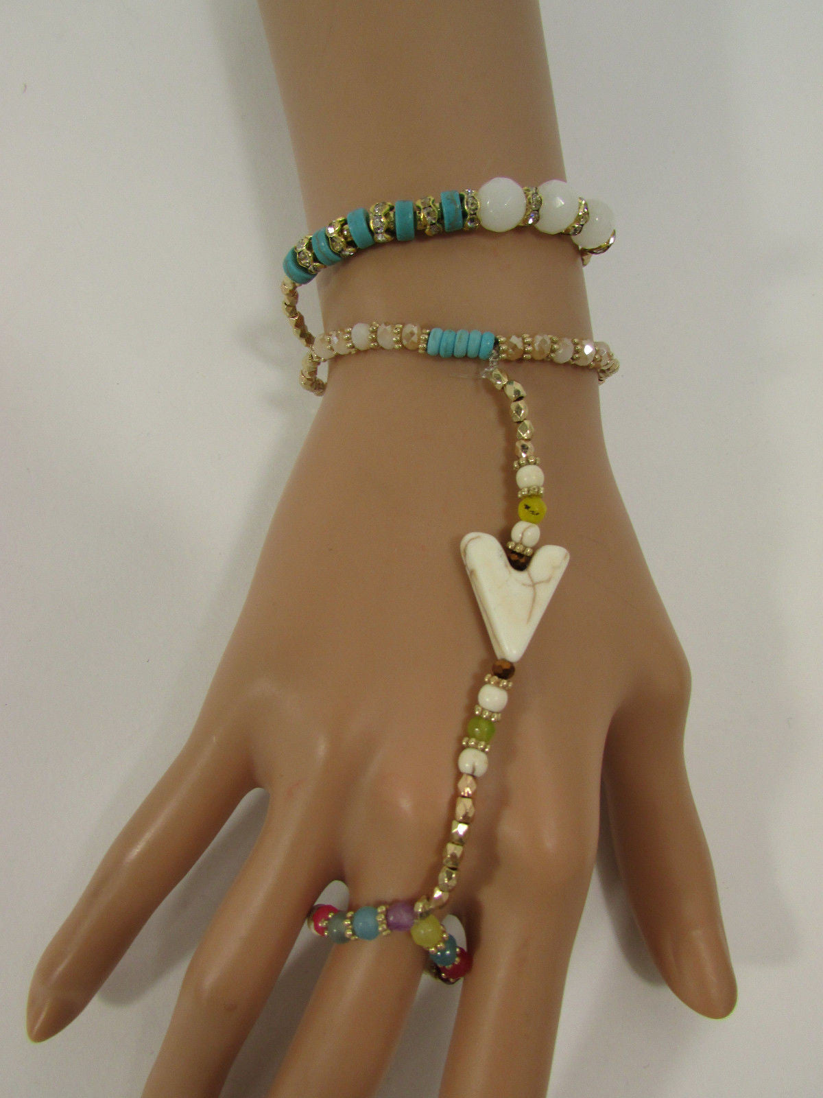 Gold Hand Chain Bracelet Elastic Connected Finger Turquoise Blue Or Wh ...