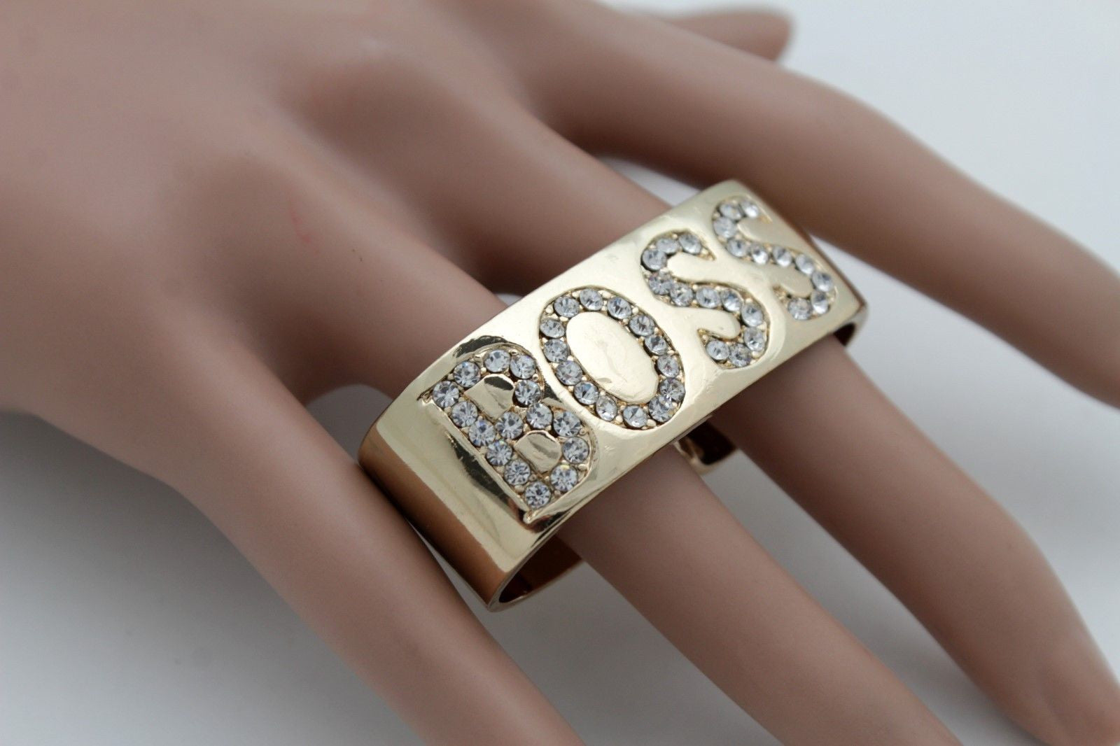 Gold Metal BOSS 2 Fingers Silver Rhinestones Wide Band Ring Women Tren ...