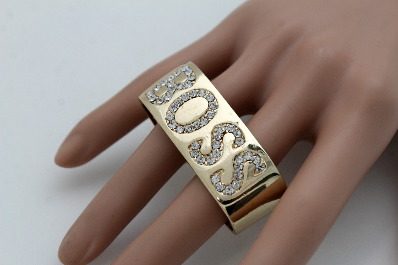 Gold Metal BOSS 2 Fingers Silver Rhinestones Wide Band Ring Women Tren ...