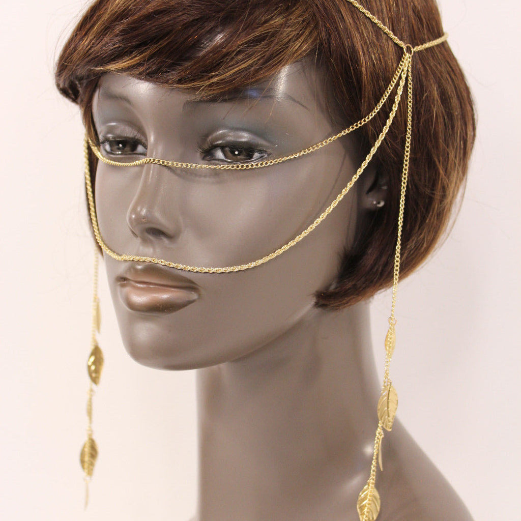 Gold Metal Head Chain Front Forehead Back Face Side Tassle Leaves Stra ...