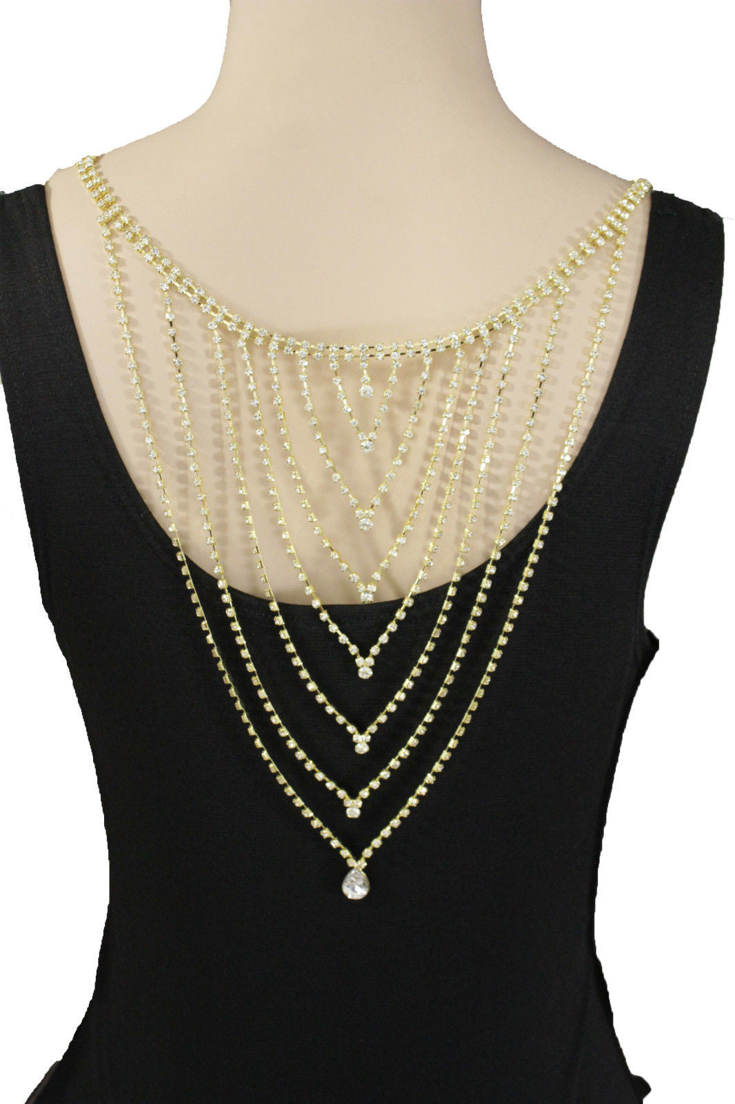 Gold Metal Hot Long Open Back Silver Rhinestones Drop Necklace Wedding ...