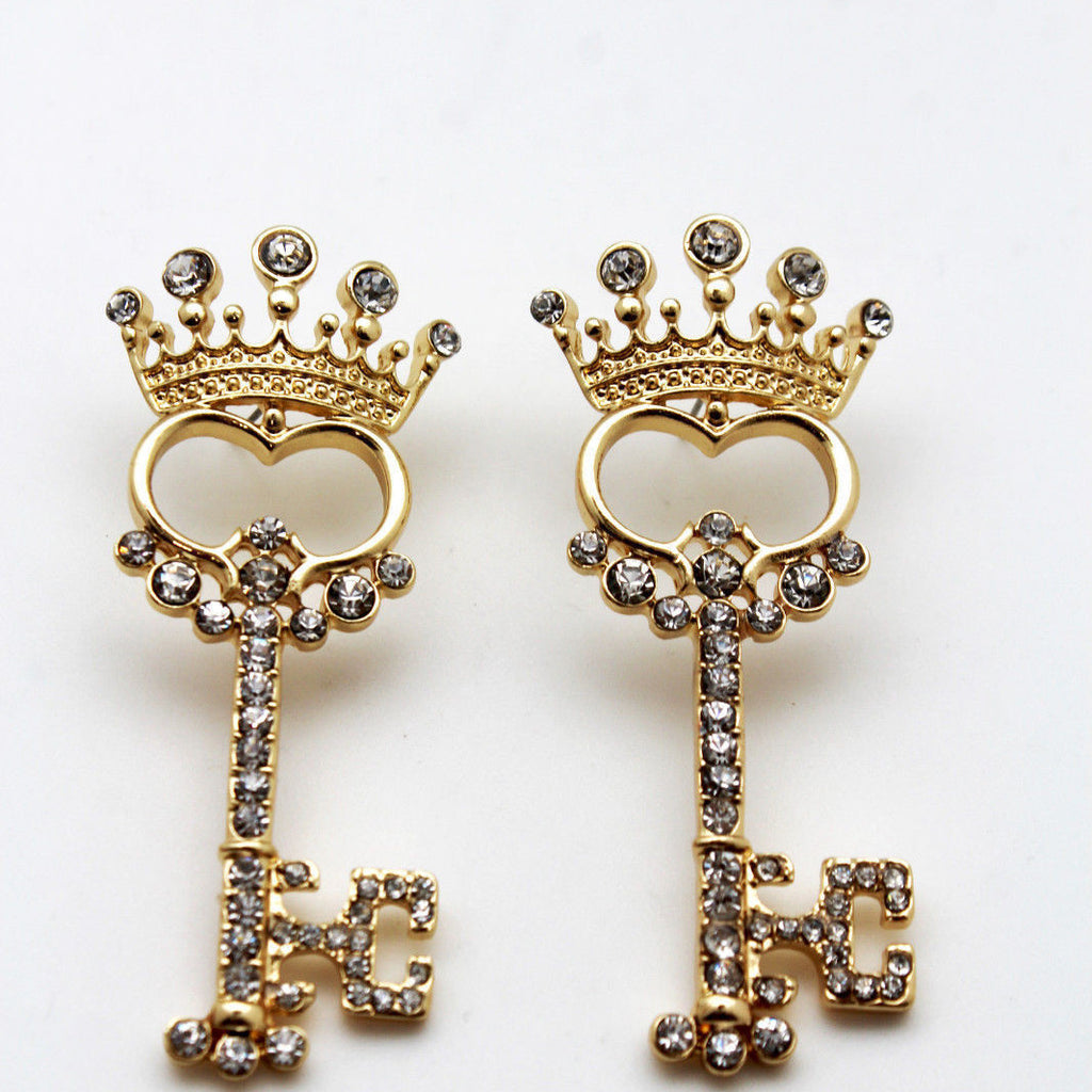 Gold Metal Key Queen Crown King Silver Beads Charm Earrings Set ...