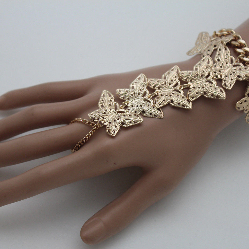Gold Metal Wrist Bracelet Hand Chain Long Finger Multi Cute Butterfly ...