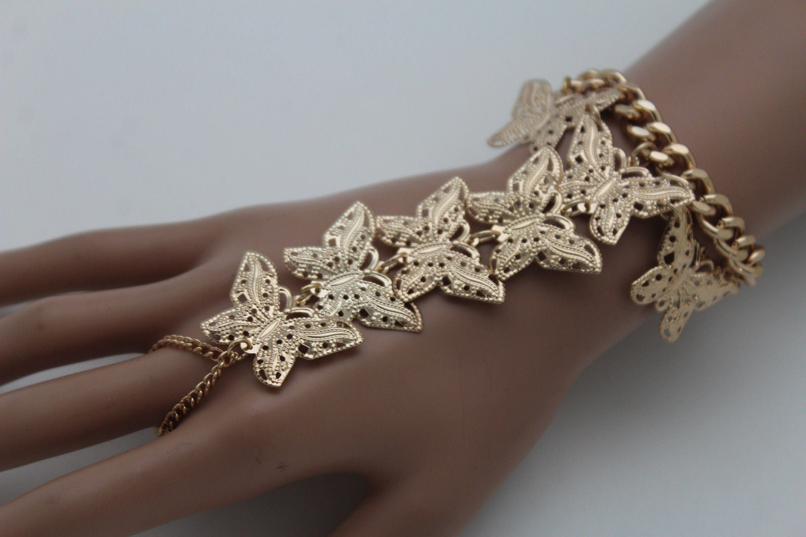 Gold Metal Wrist Bracelet Hand Chain Long Finger Multi Cute Butterfly ...