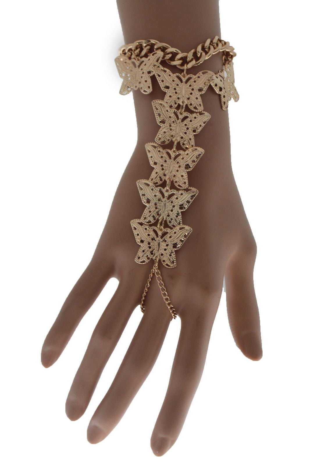 Gold Metal Wrist Bracelet Hand Chain Long Finger Multi Cute Butterfly ...