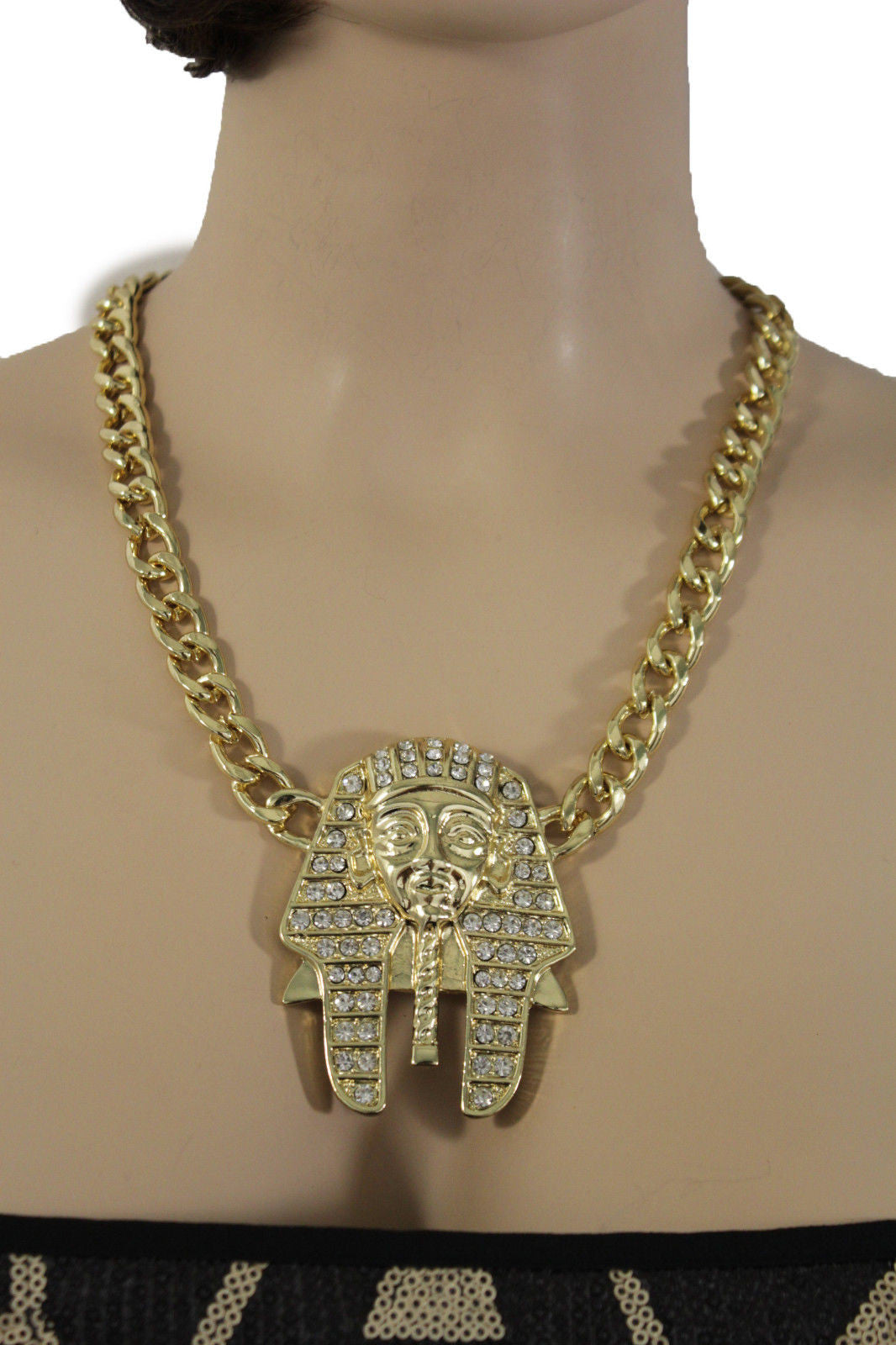 Gold Silver Metal Chain Egyptian Pharaoh Pendant Silver Rhinestones Be ...