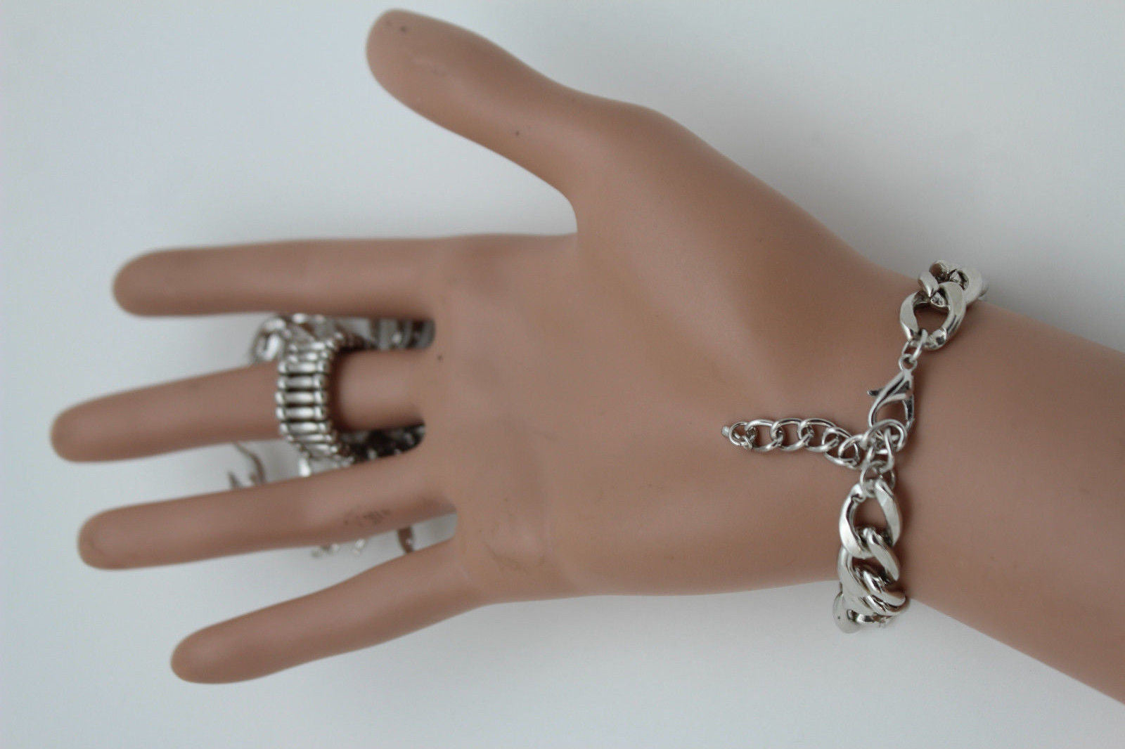 Gold Silver Metal Hand Chain Bracelet Connected Finger Ring Rhinestone ...