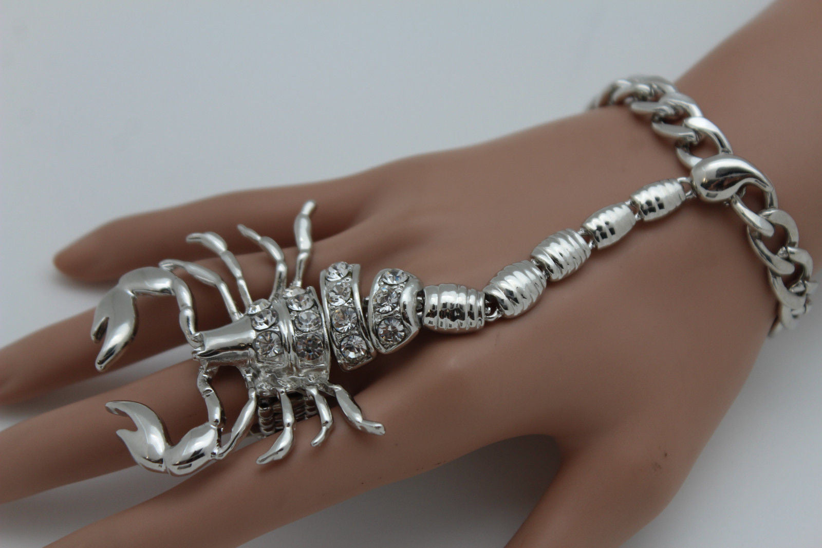 Gold Silver Metal Hand Chain Bracelet Connected Finger Ring Rhinestone ...