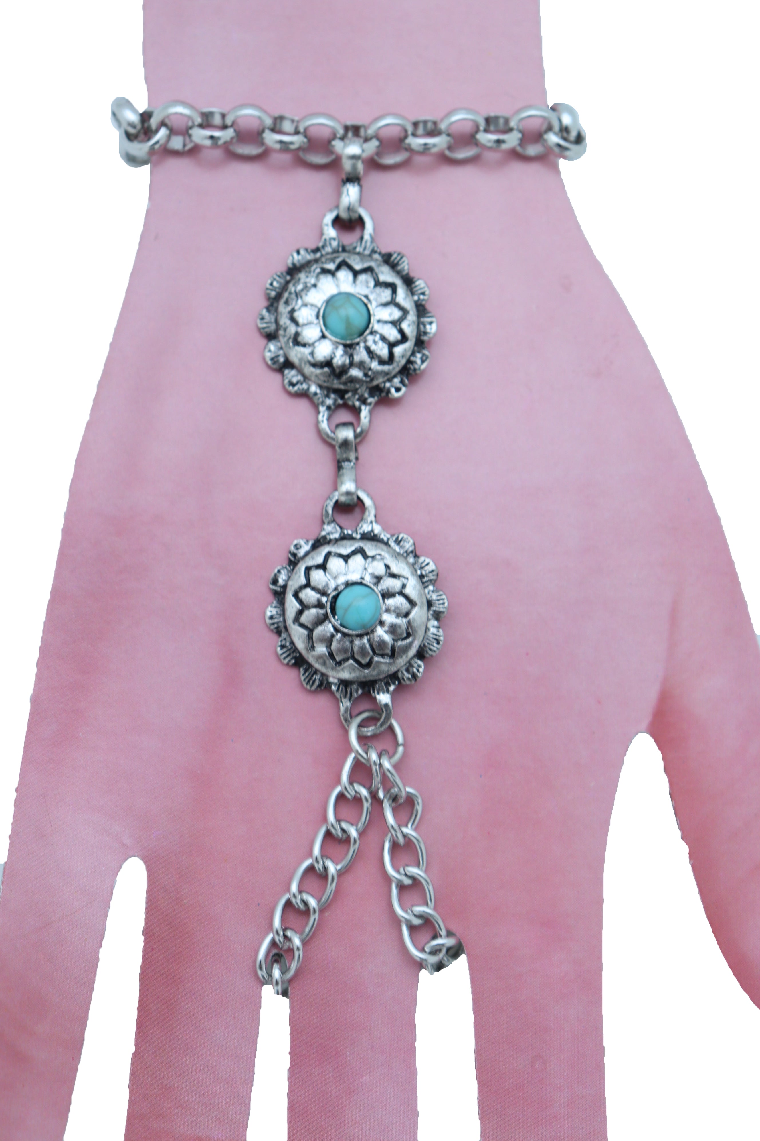 Women Antique Silver Hand Chain Bracelet Western Turquoise Blue Flower ...