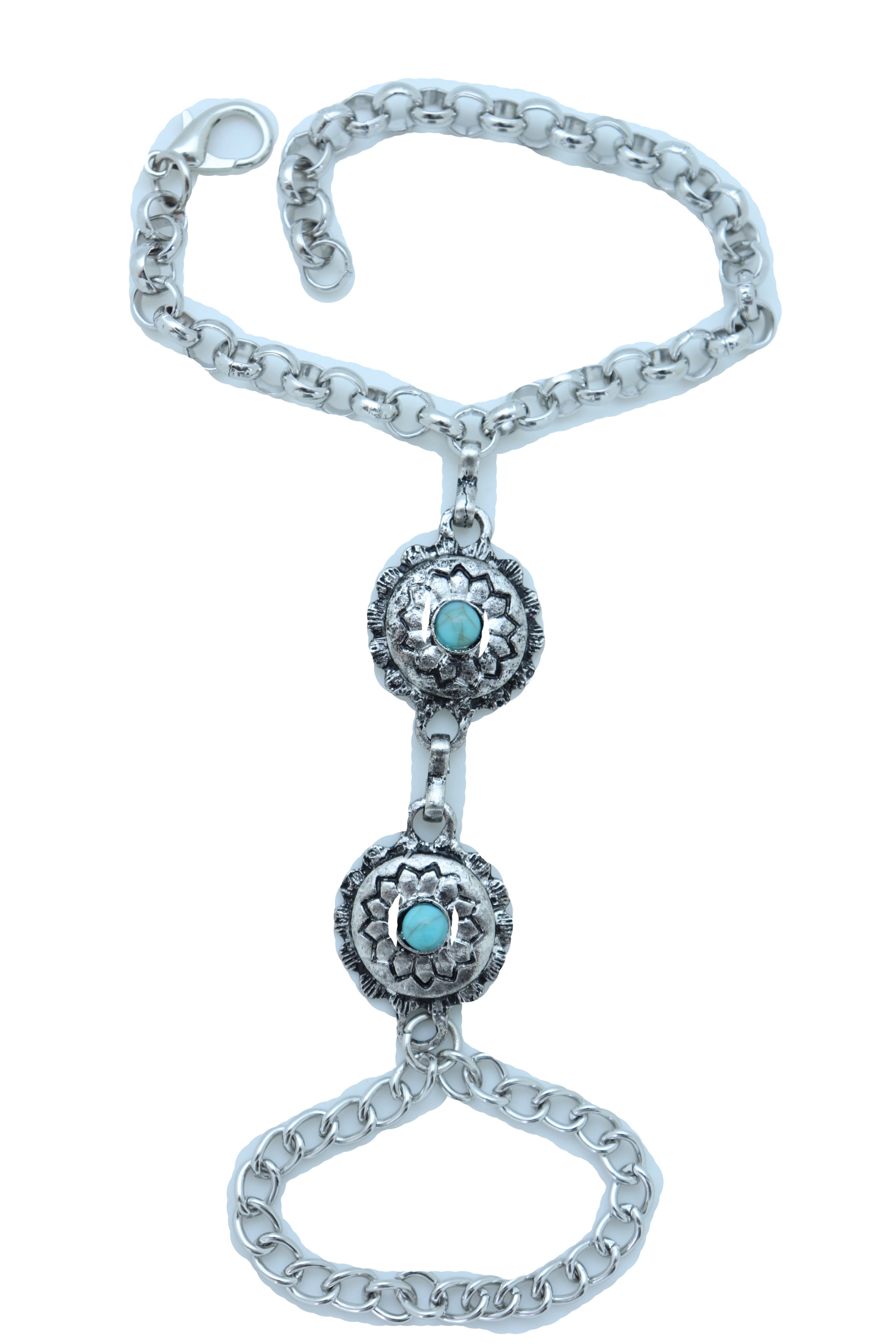 Women Antique Silver Hand Chain Bracelet Western Turquoise Blue Flower ...