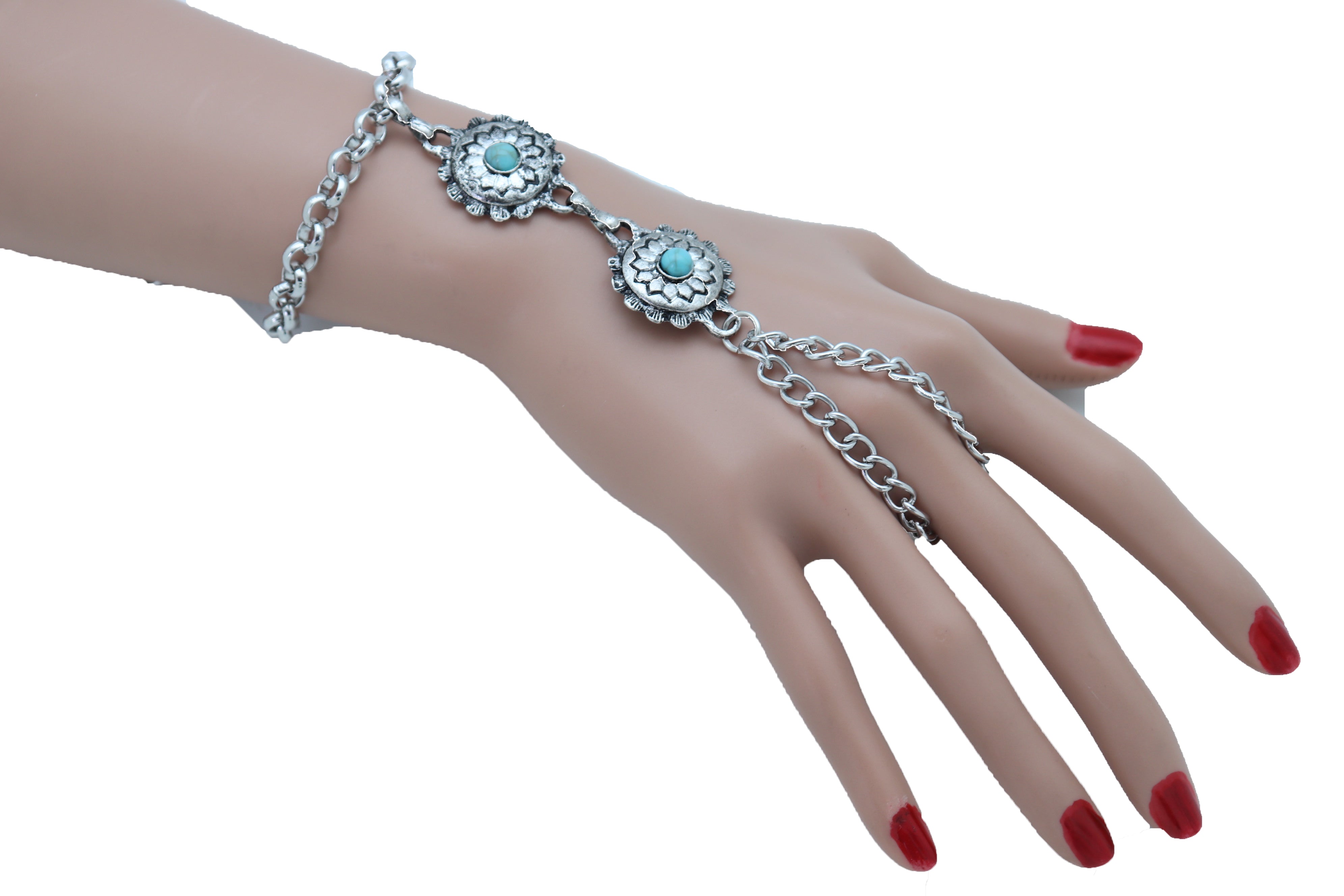 Women Antique Silver Hand Chain Bracelet Western Turquoise Blue Flower ...