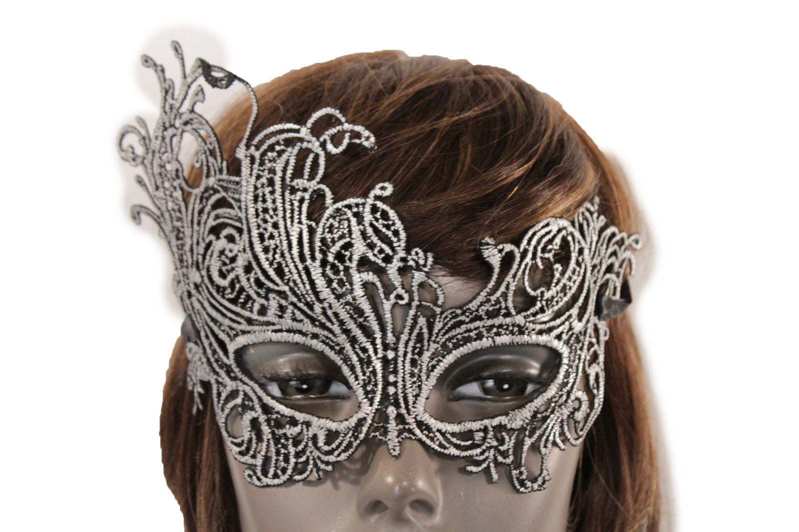 Black Fabric Half Face Eye Costume Flowers Filigree Mask Halloween Wom ...