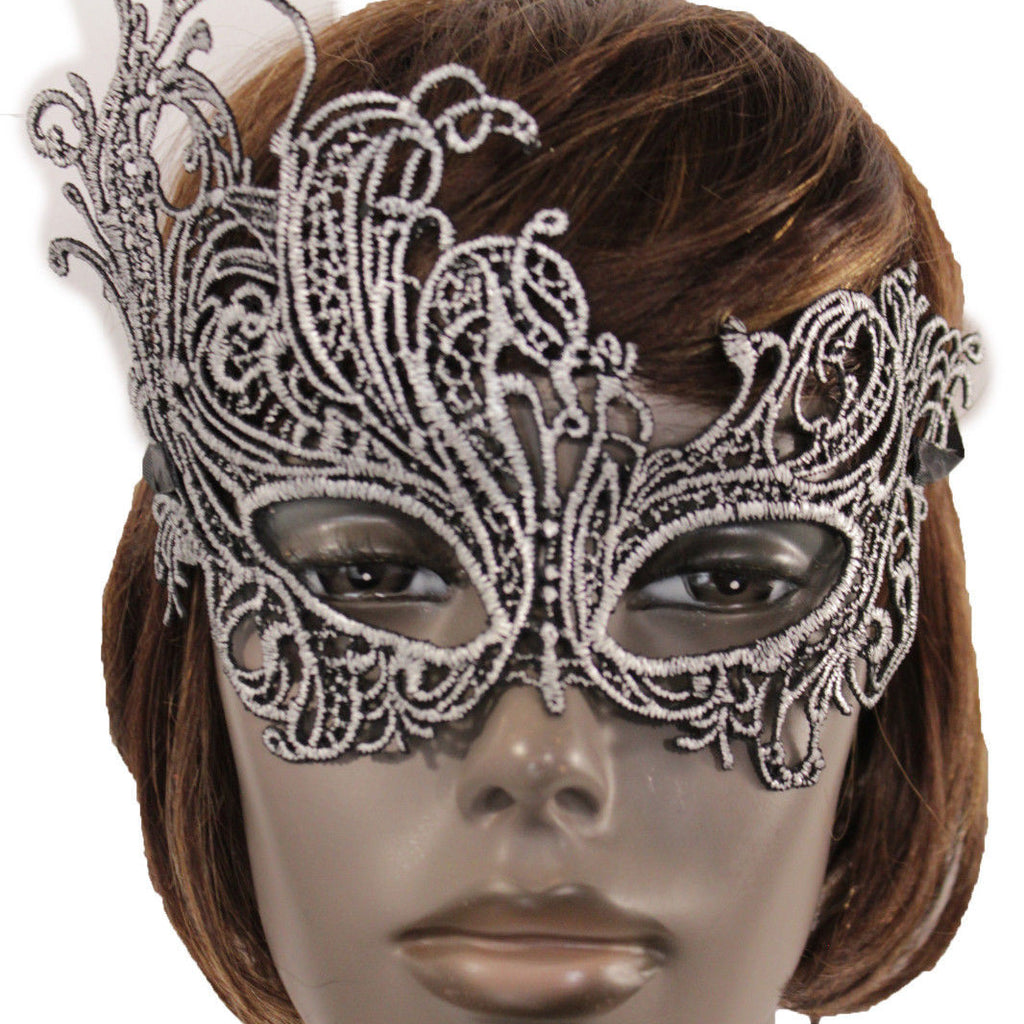 Black Fabric Half Face Eye Costume Flowers Filigree Mask Halloween Wom ...