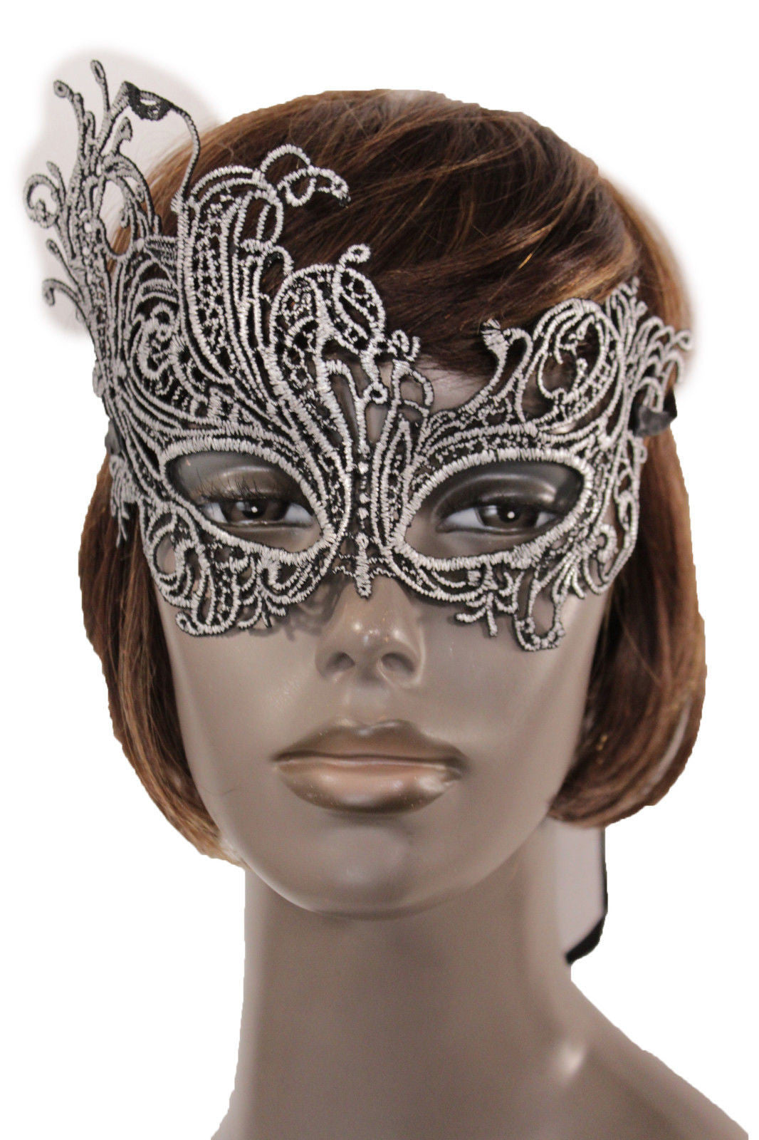 Black Fabric Half Face Eye Costume Flowers Filigree Mask Halloween Wom ...
