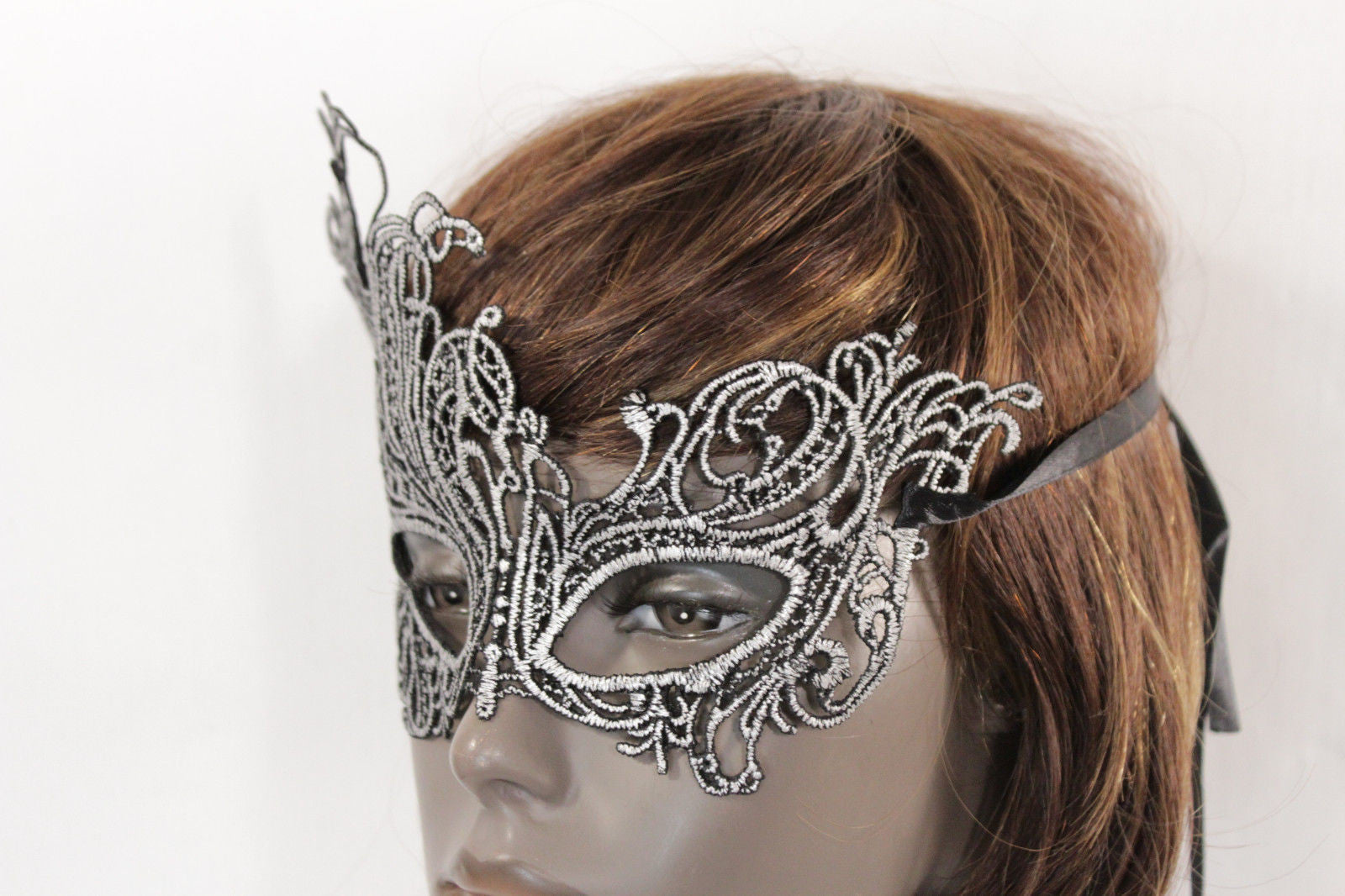 Black Fabric Half Face Eye Costume Flowers Filigree Mask Halloween Wom ...