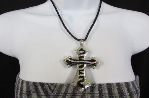 Silver Black Metal Long Big Zebra Cross Rhinestones Necklace ...