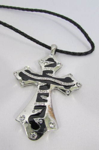 Silver Black Metal Long Big Zebra Cross Rhinestones Necklace ...