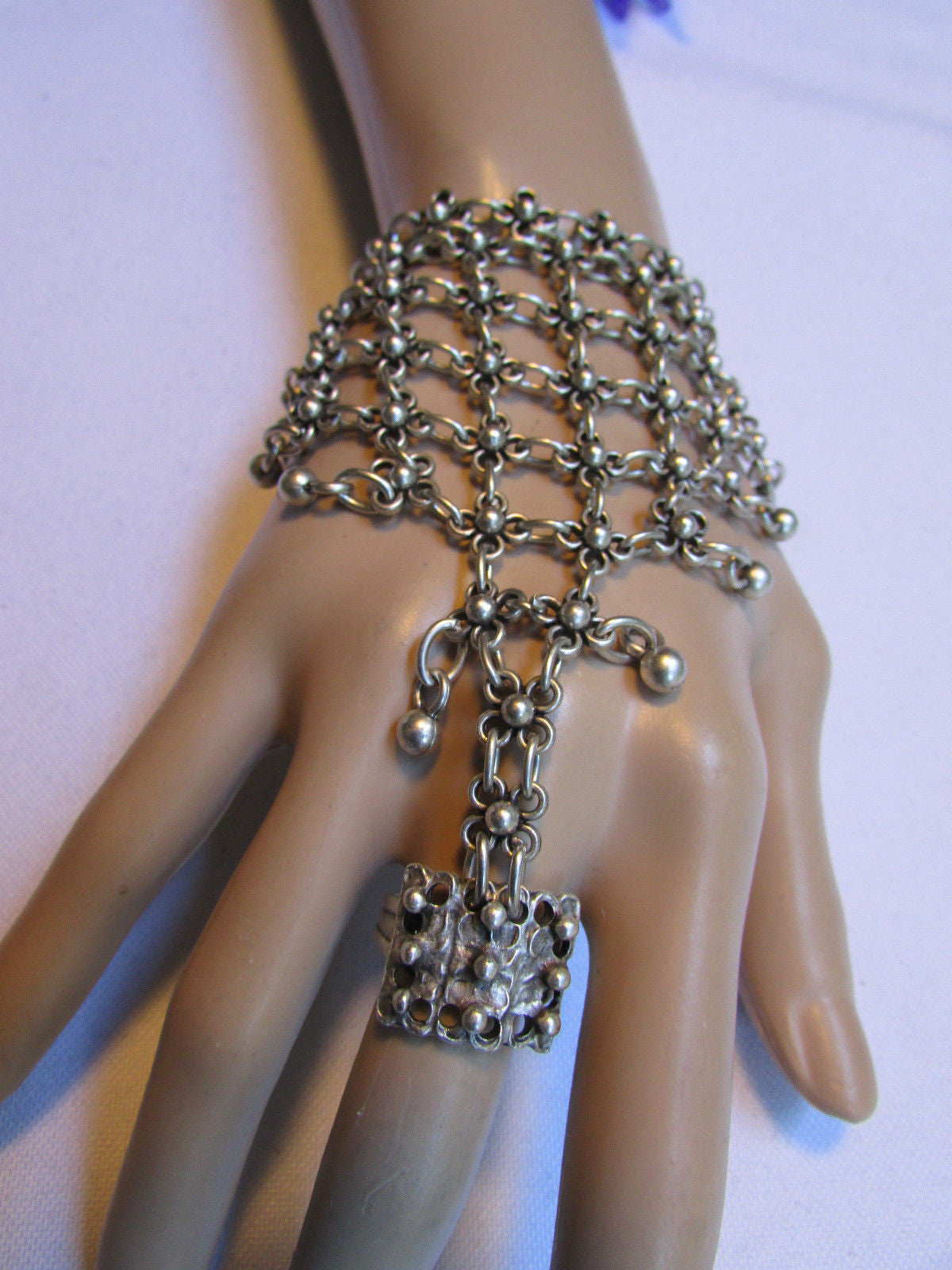 Silver Metal Hand Chain Bracelet Multi Small Balls Mini Flowers ...