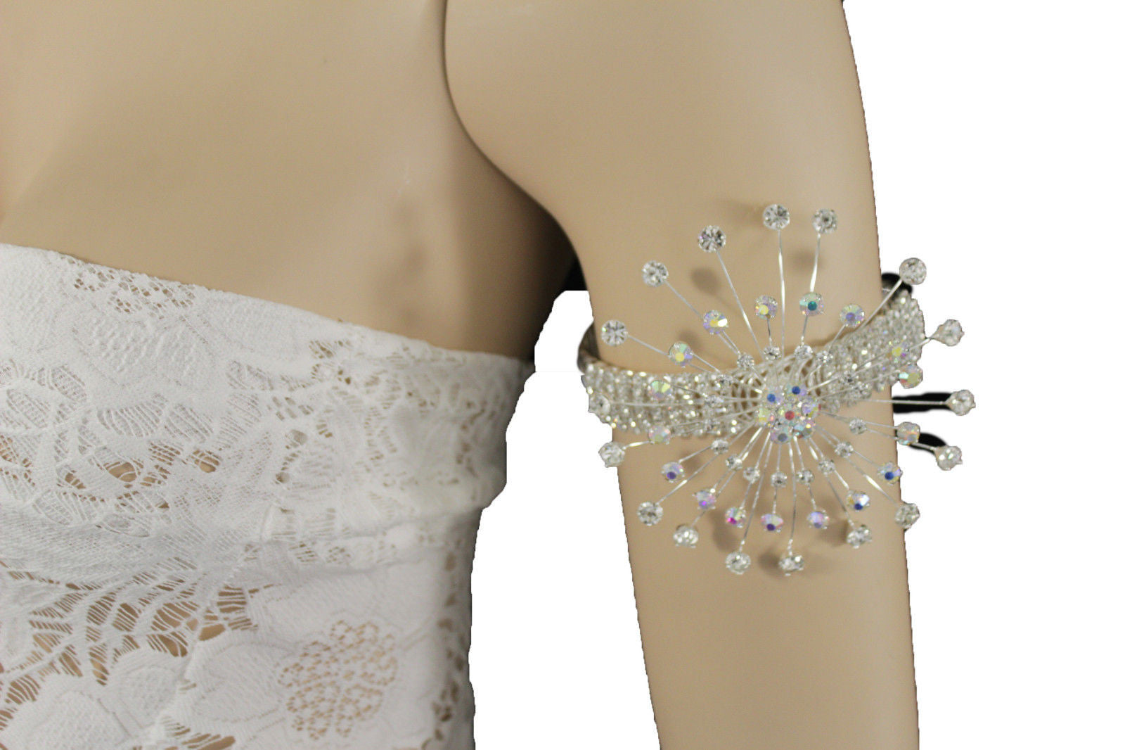 Silver Metal High Upper Arm Cuff Bracelet Rhinestones Fancy Flower ...