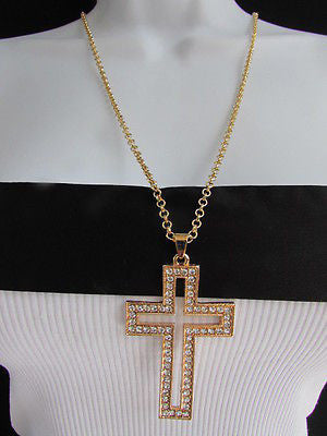 Gold Metal Chain Big Cross Pendant Silver Rhinestones 15" Necklace ...