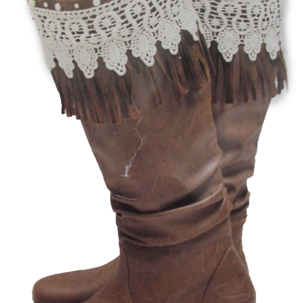 Brown Faux Leather Long Fringes Knee High Lace Boot Toppers Boho ...