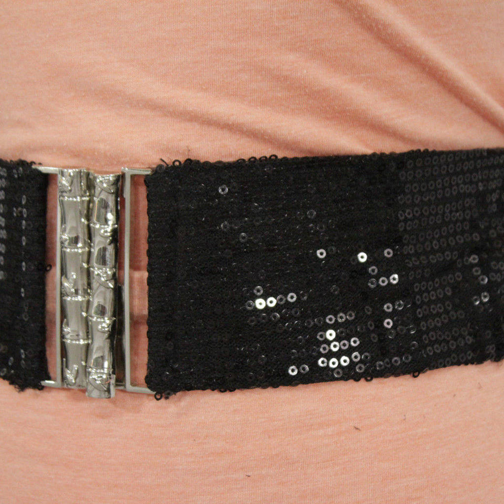 Black Stretch Fabric Sequins Dressy Hot Belt Big Silver Metal Bamboo B ...