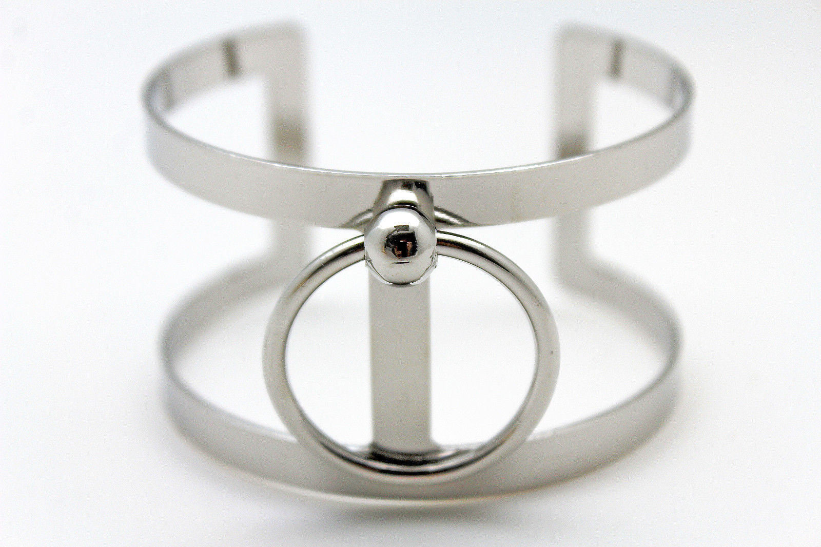 Silver Metal Cuff Bracelet Bangle Geometric Cut Outs With A Center Rin ...