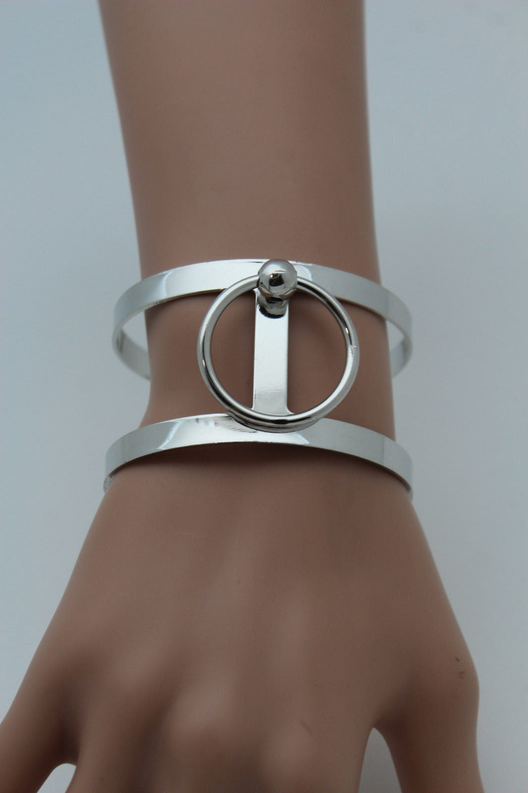 Silver Metal Cuff Bracelet Bangle Geometric Cut Outs With A Center Rin ...