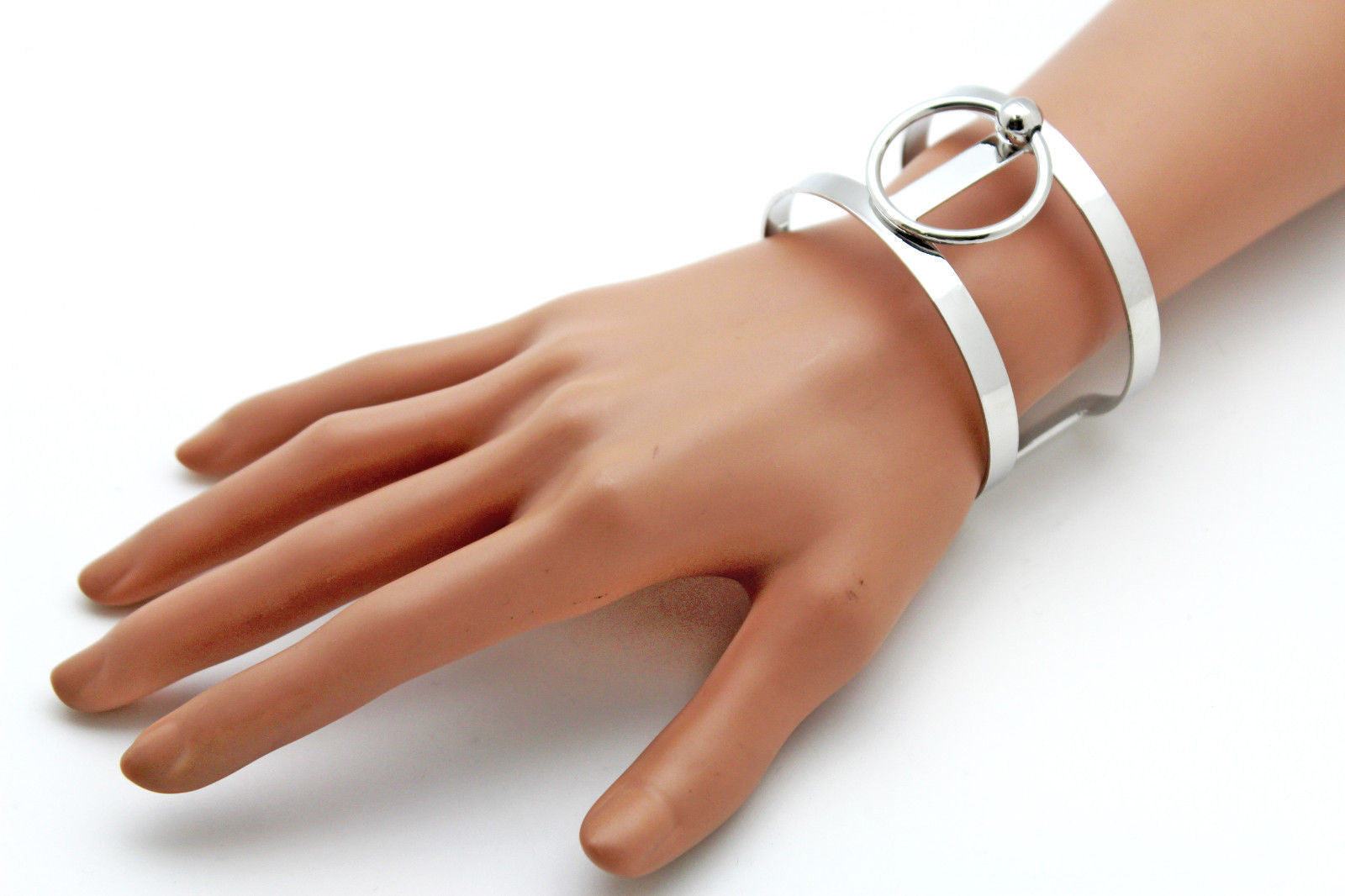 Silver Metal Cuff Bracelet Bangle Geometric Cut Outs With A Center Rin ...