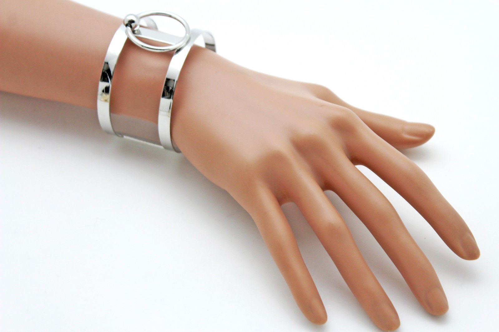 Silver Metal Cuff Bracelet Bangle Geometric Cut Outs With A Center Rin ...