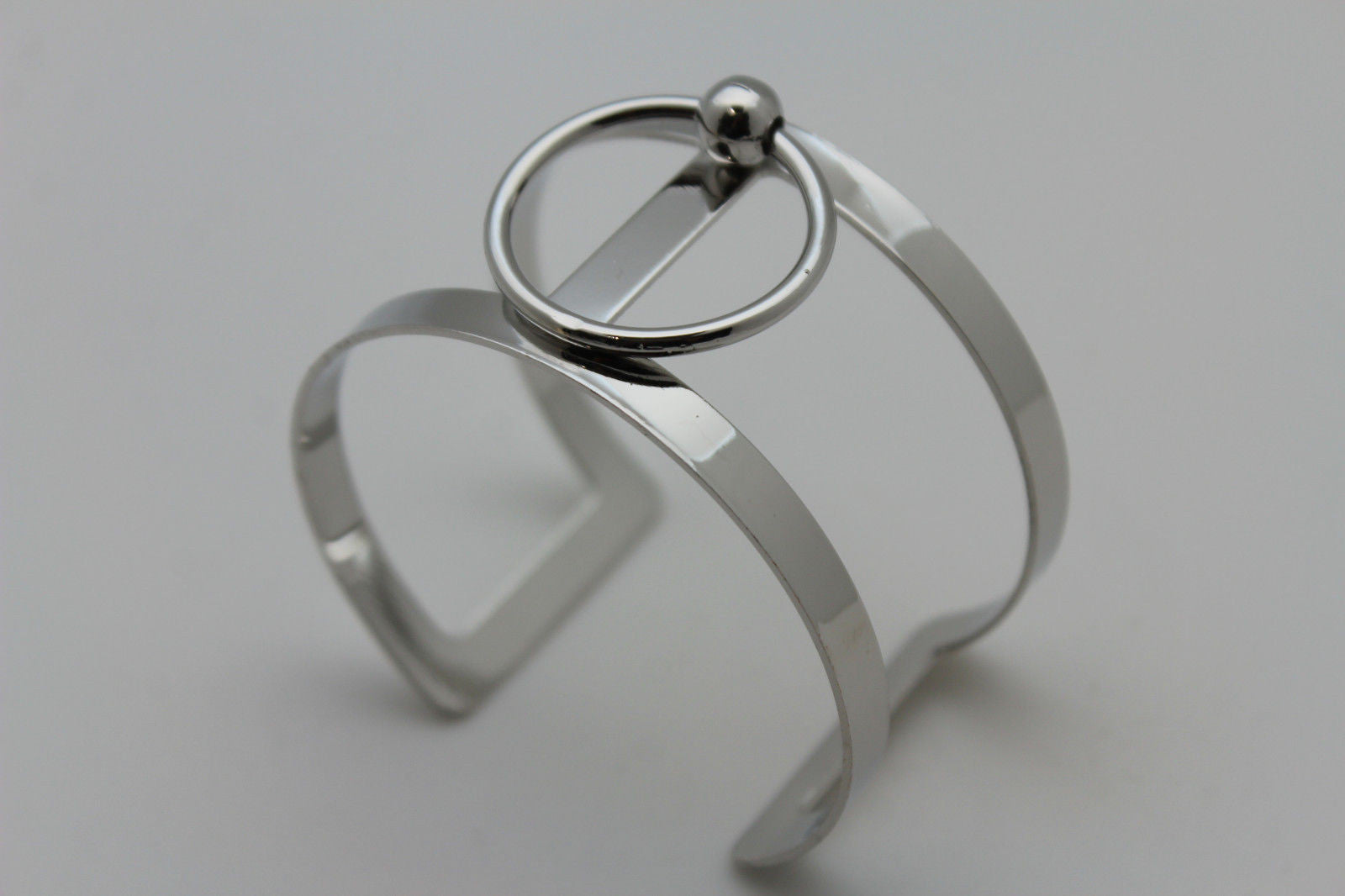 Silver Metal Cuff Bracelet Bangle Geometric Cut Outs With A Center Rin ...