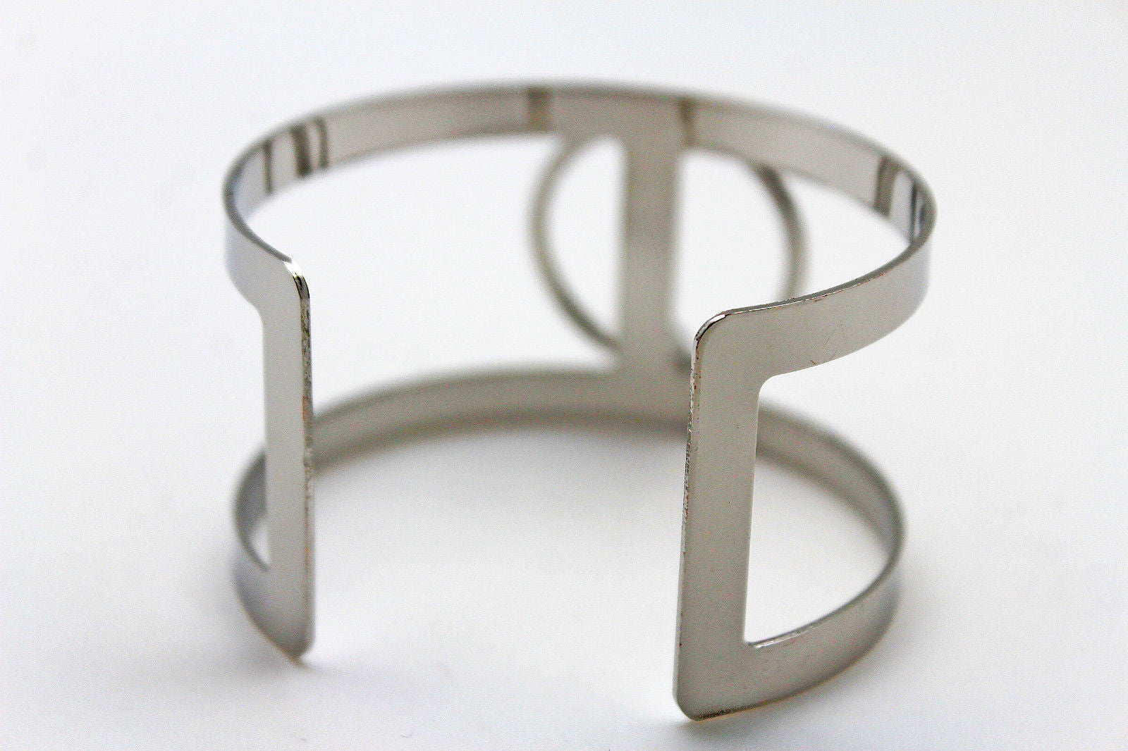 Silver Metal Cuff Bracelet Bangle Geometric Cut Outs With A Center Rin ...