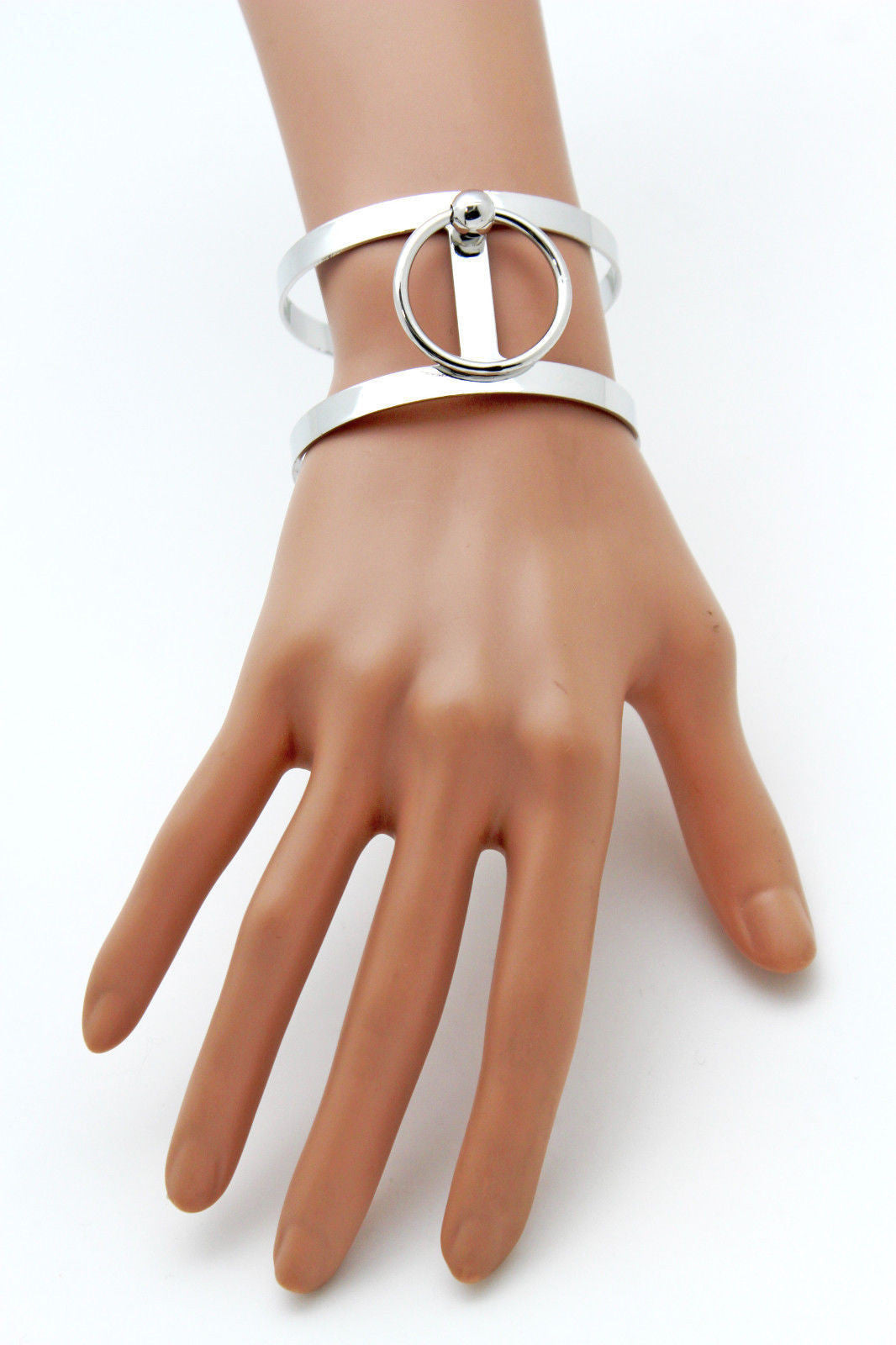 Silver Metal Cuff Bracelet Bangle Geometric Cut Outs With A Center Rin ...