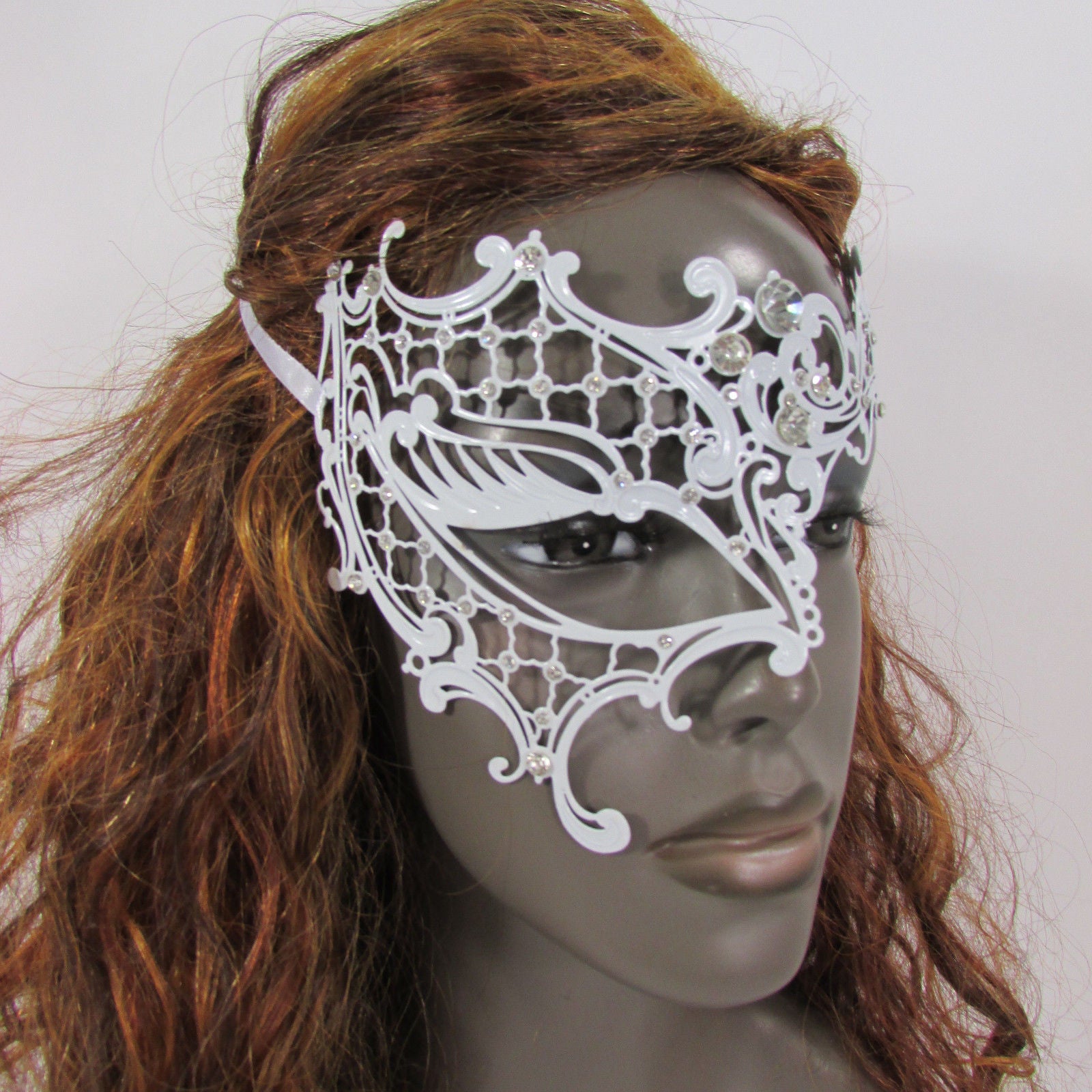 White Half Face Right Side Mask Rhinestones Back Tie Women Mardi Gras ...