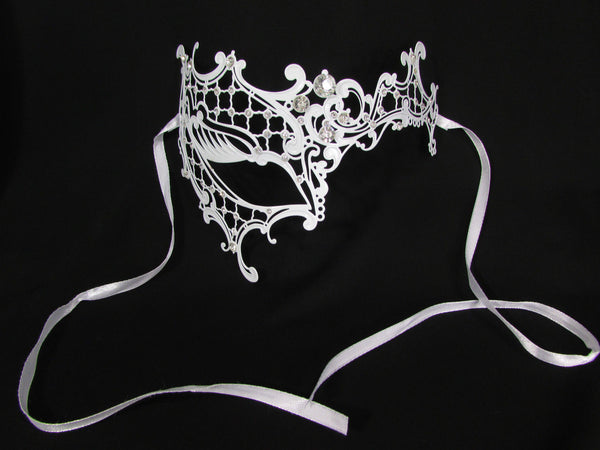 White Half Face Right Side Mask Rhinestones Back Tie Women Mardi Gras ...