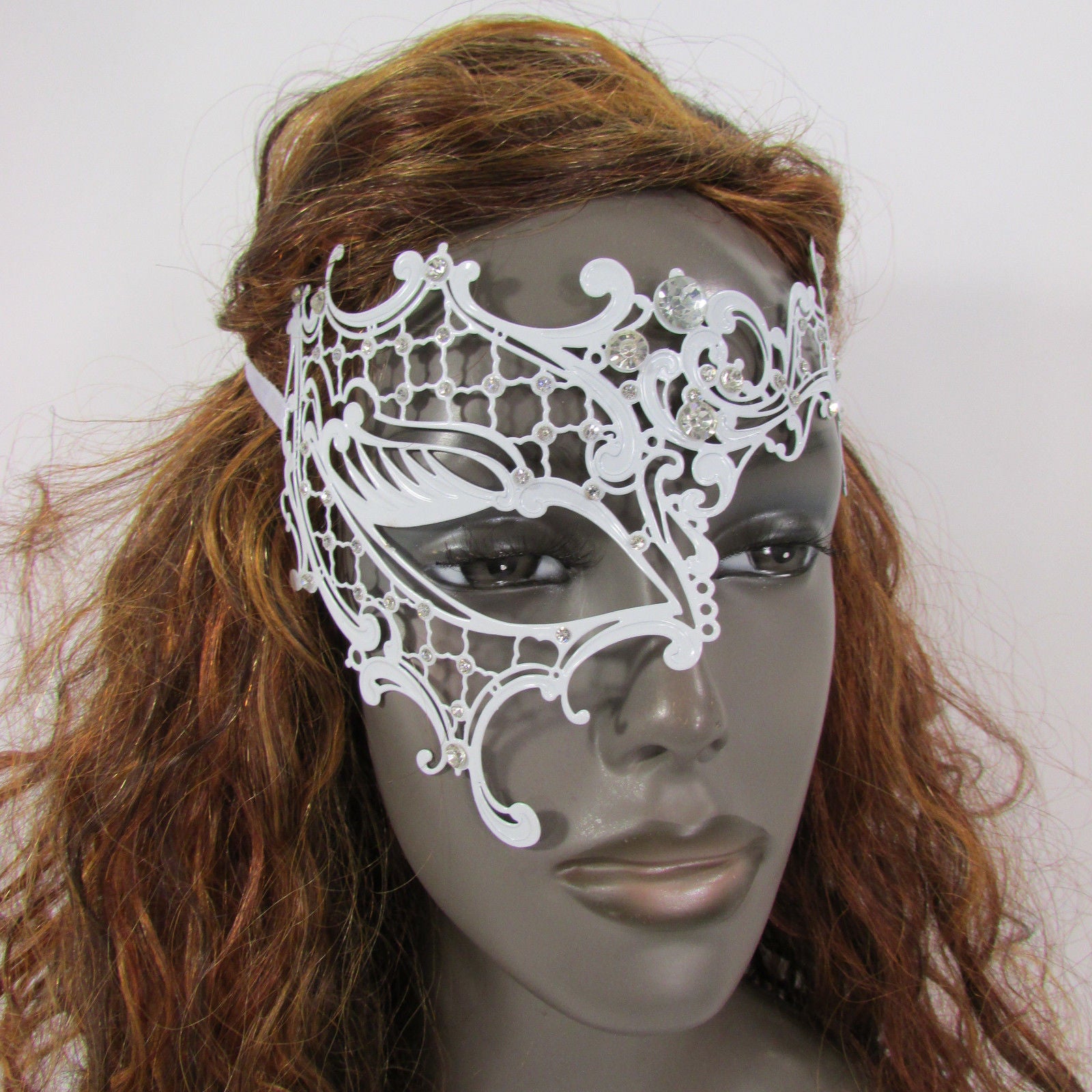 White Half Face Right Side Mask Rhinestones Back Tie Women Mardi Gras ...
