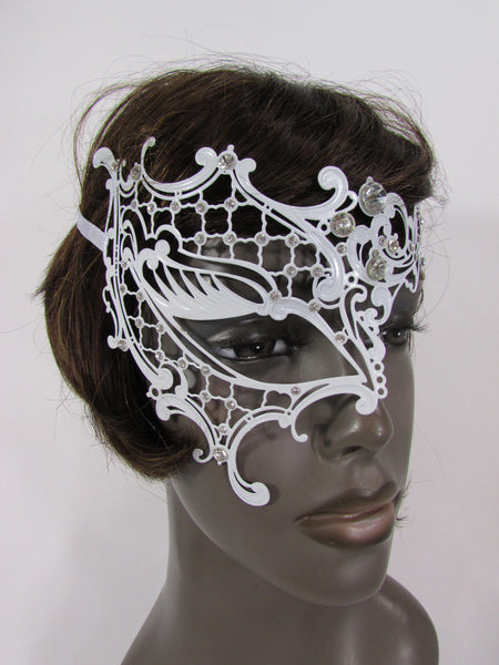 White Half Face Right Side Mask Rhinestones Back Tie Women Mardi Gras ...