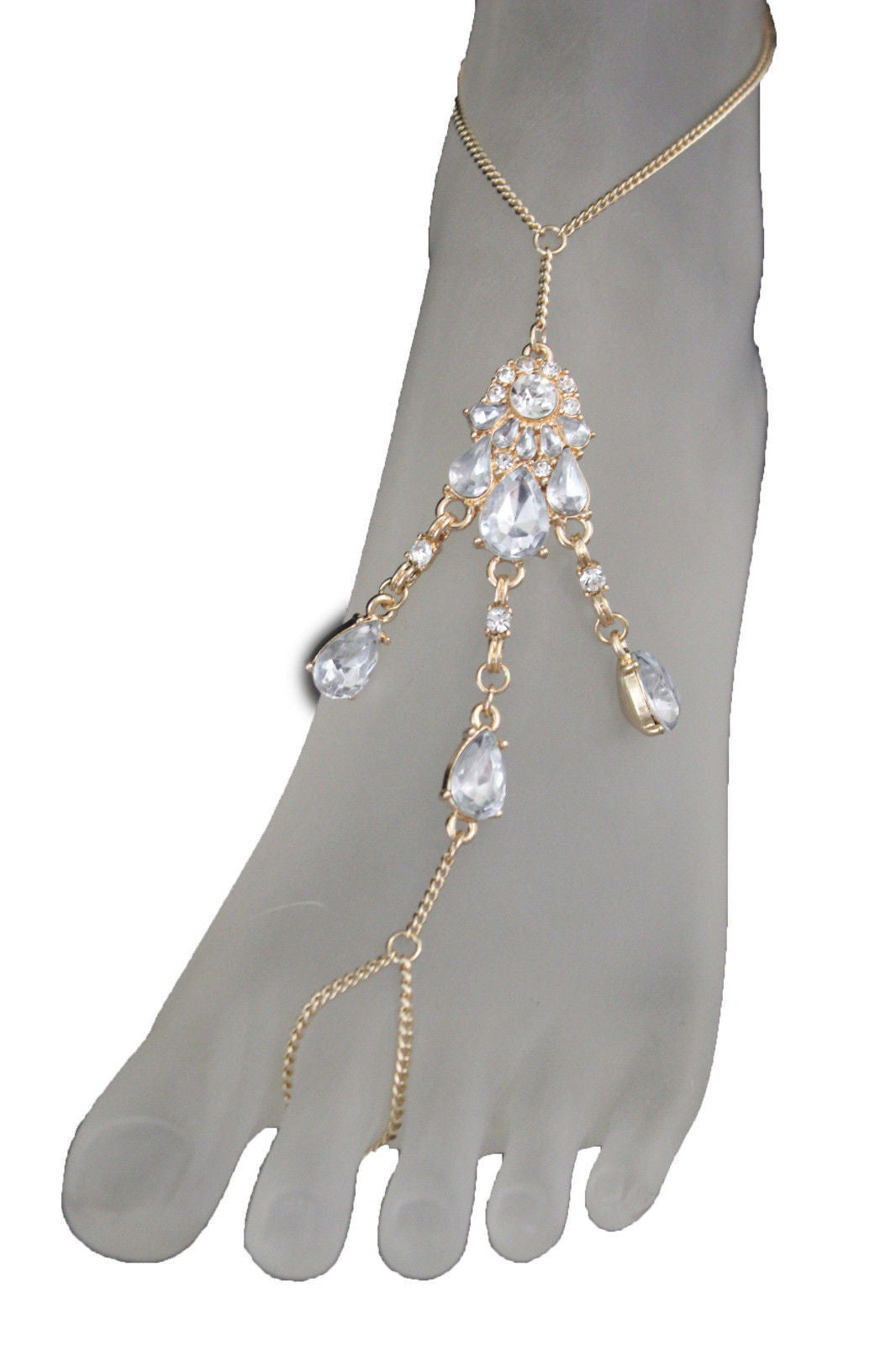 Gold Metal Chains Anklet Ethnic Bling Charm Foot Bracelet Clear Stones ...
