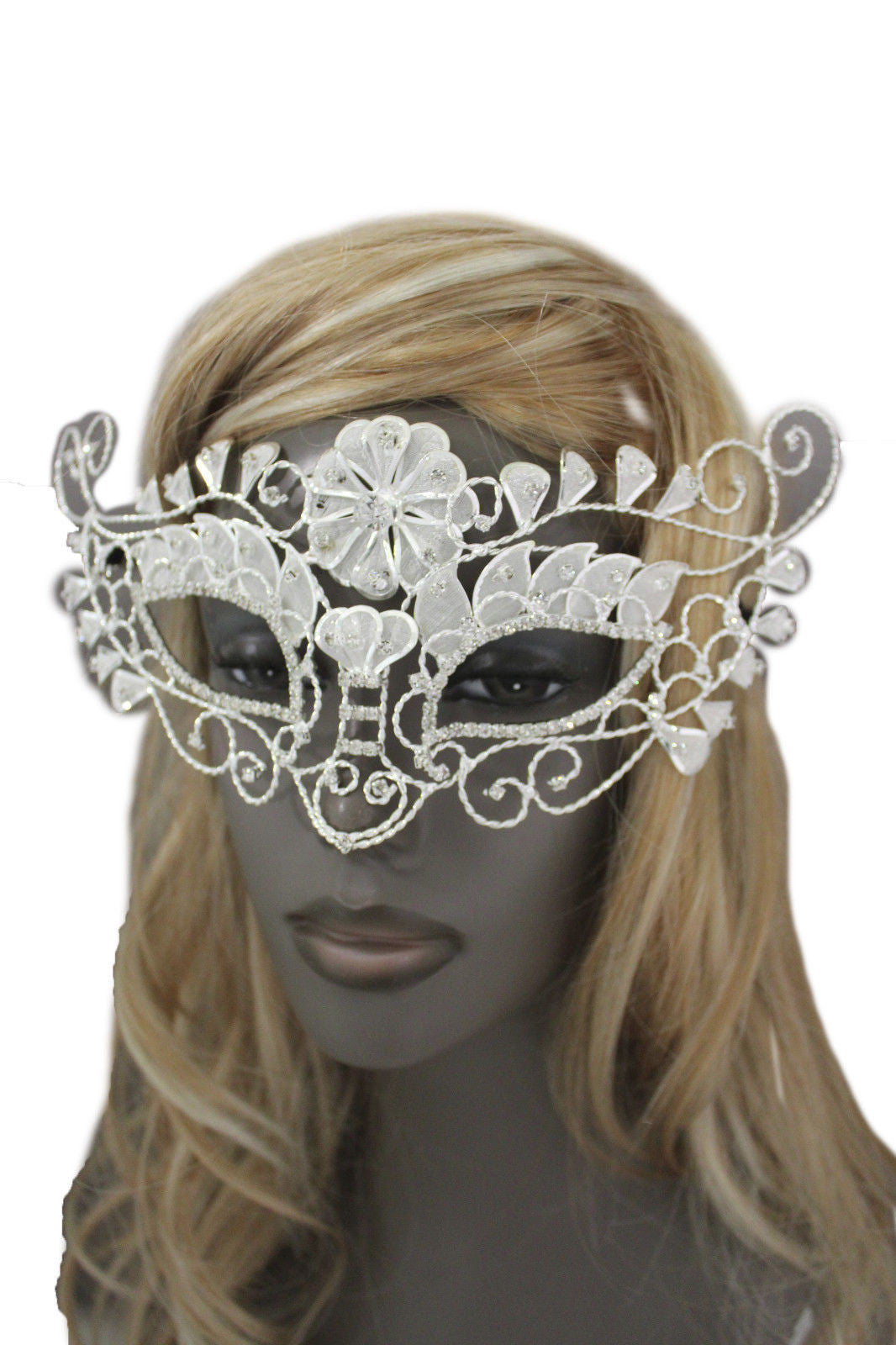 White Silver Leaves And Flower Back Tie Half Face Mask Halloween Carni ...