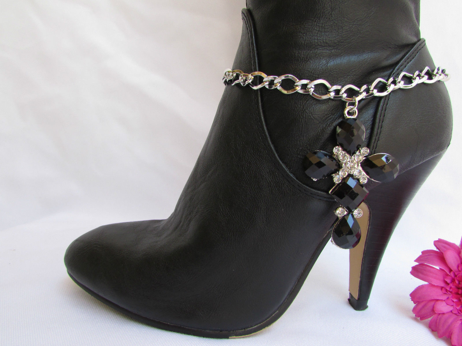 Silver Boot Metal Chain Strap Bling Big Cross Western Anklet Shoe Char ...