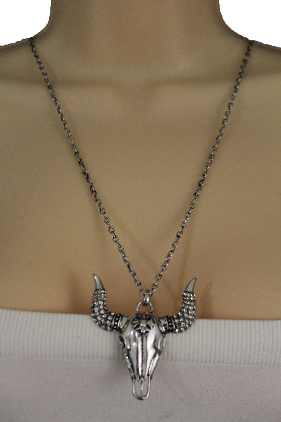 Silver Metal Chain Big Bull Skull Turquoise Blue Bead Skeleton Texas W ...