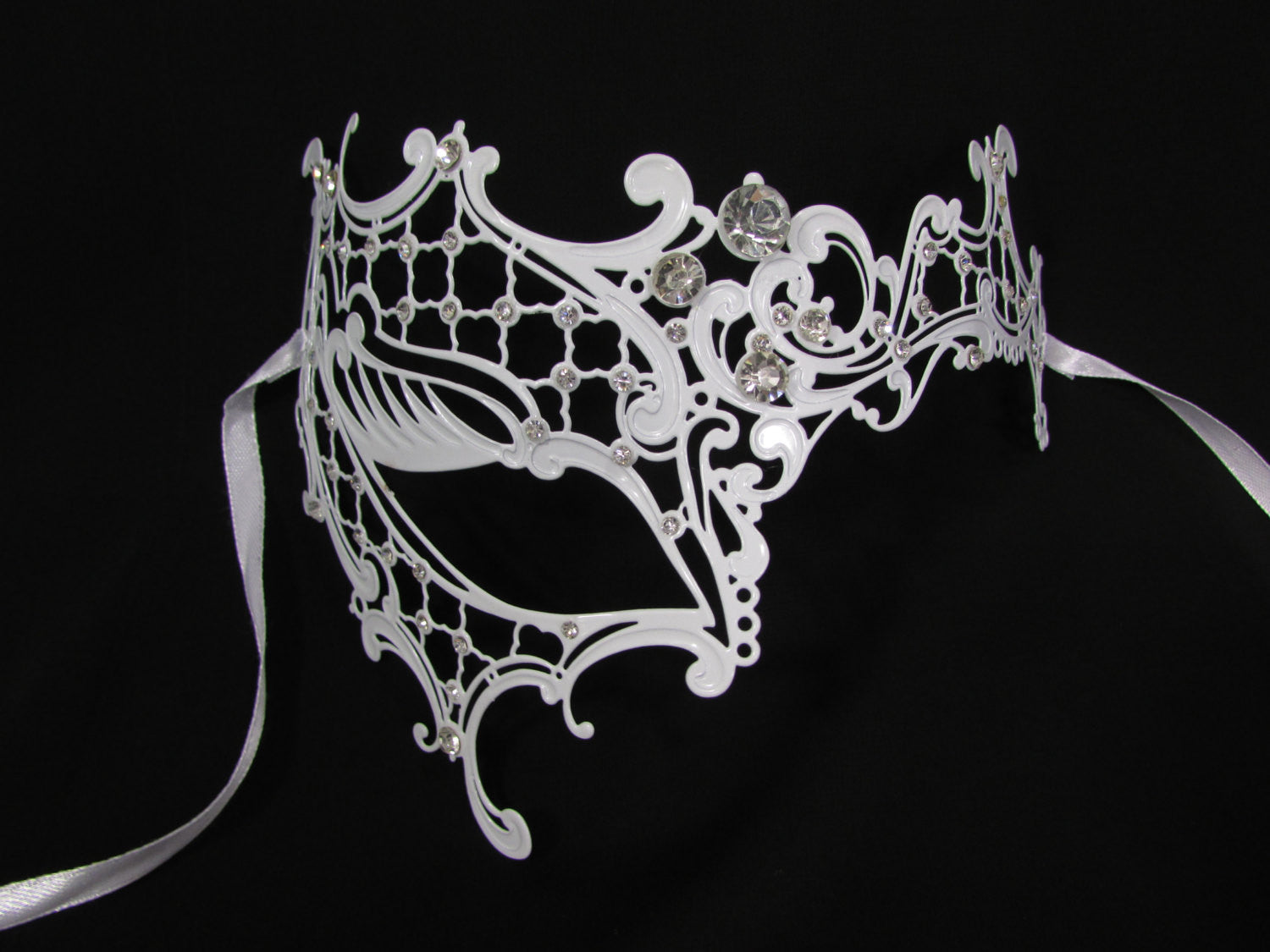 White Half Face Right Side Mask Rhinestones Back Tie Women Mardi Gras ...