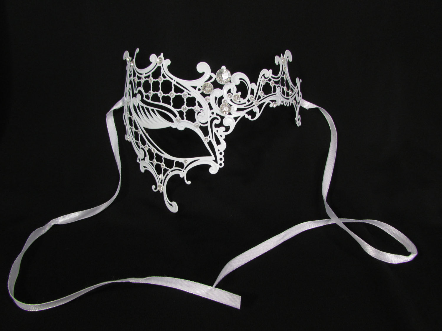 White Half Face Right Side Mask Rhinestones Back Tie Women Mardi Gras ...
