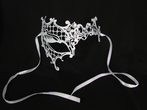 White Half Face Right Side Mask Rhinestones Back Tie Women Mardi Gras ...
