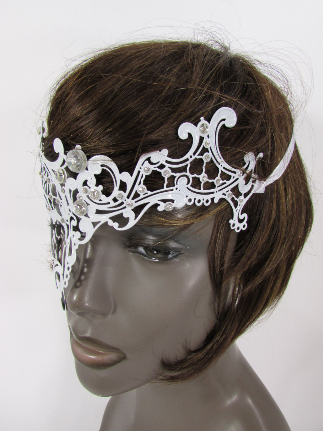 White Half Face Right Side Mask Rhinestones Back Tie Women Mardi Gras ...